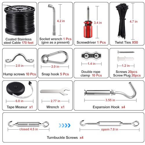 UGarden String Light Hanging Kit with 170ft Coated Stainless Steel 304 Tension Wire Rope, Outdoor Light Guide Wire kit, String Lights Suspension Kit