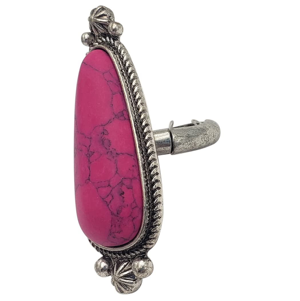 Rosemarie & Jubalee Women's Colorful Western Style Semi Precious Howlite Stone Silver Tone Squash Blossom Frame Adjustable Stretch Ring, 2" (Fuchsia Pink Stone)