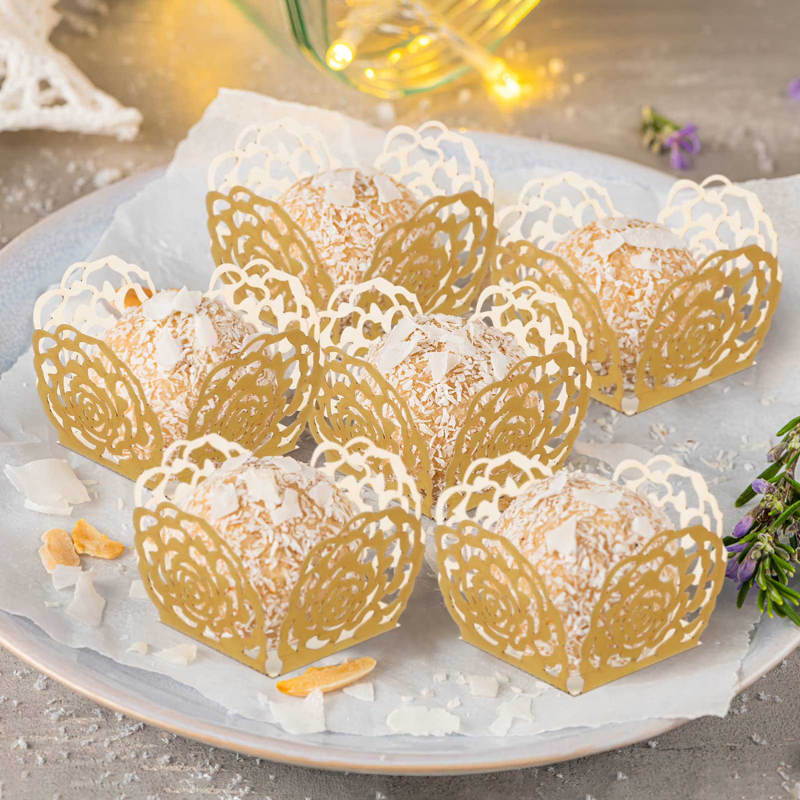TOYANDONA 50Pcs Paper Truffle Wrappers Truffle Wrap Liners, Small Flared Paper Baking Cups Cupcakes Muffin Case Trays for Baby Shower Wedding Birthday