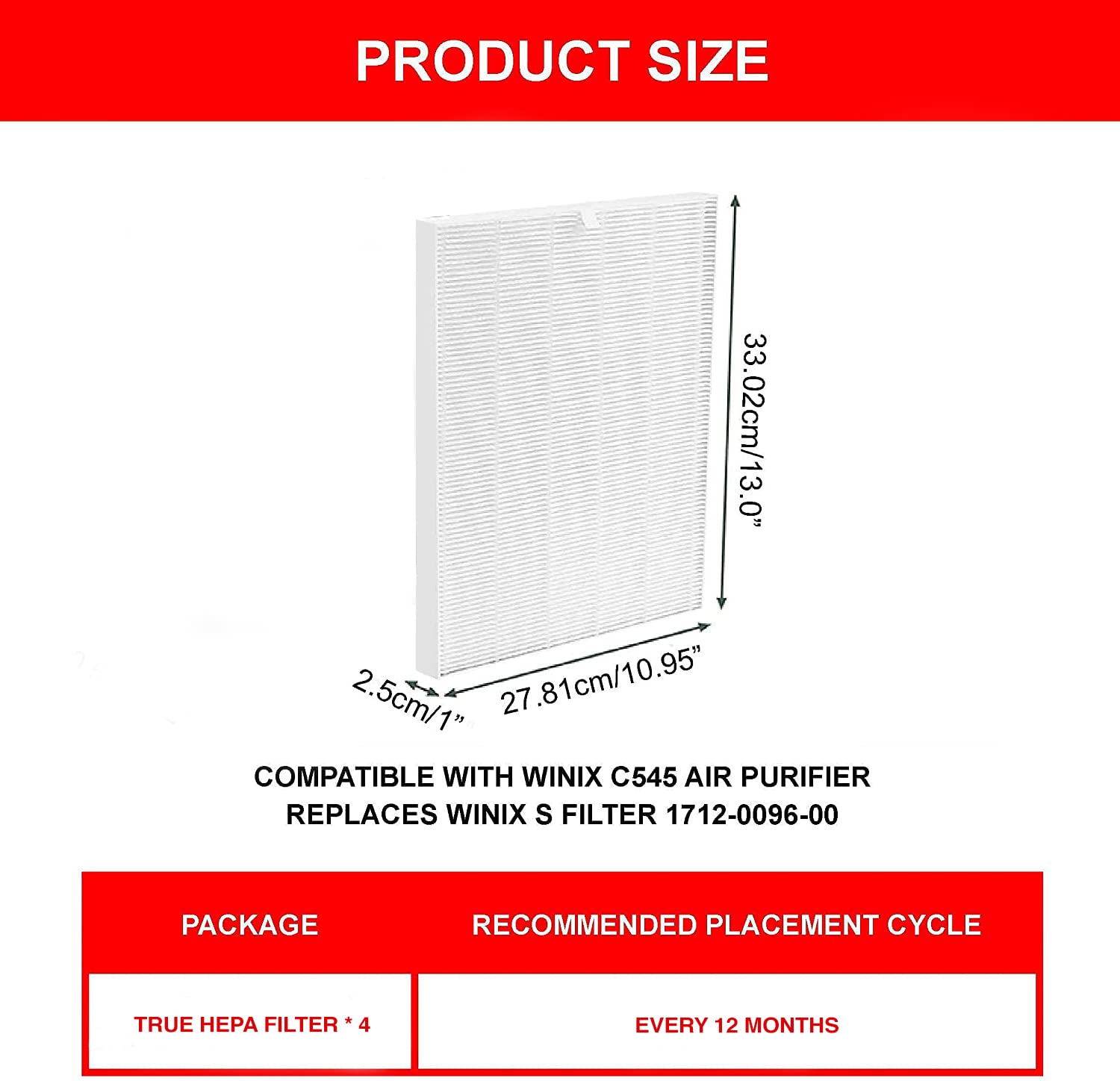 Topdeck ESSENTIALS 4-Pack C545 Replacement HEPA Filters Compatible with WINIX C545 Air Purifier, 4 True HEPA Filters, Filter S, Part number 1712-0096-00.