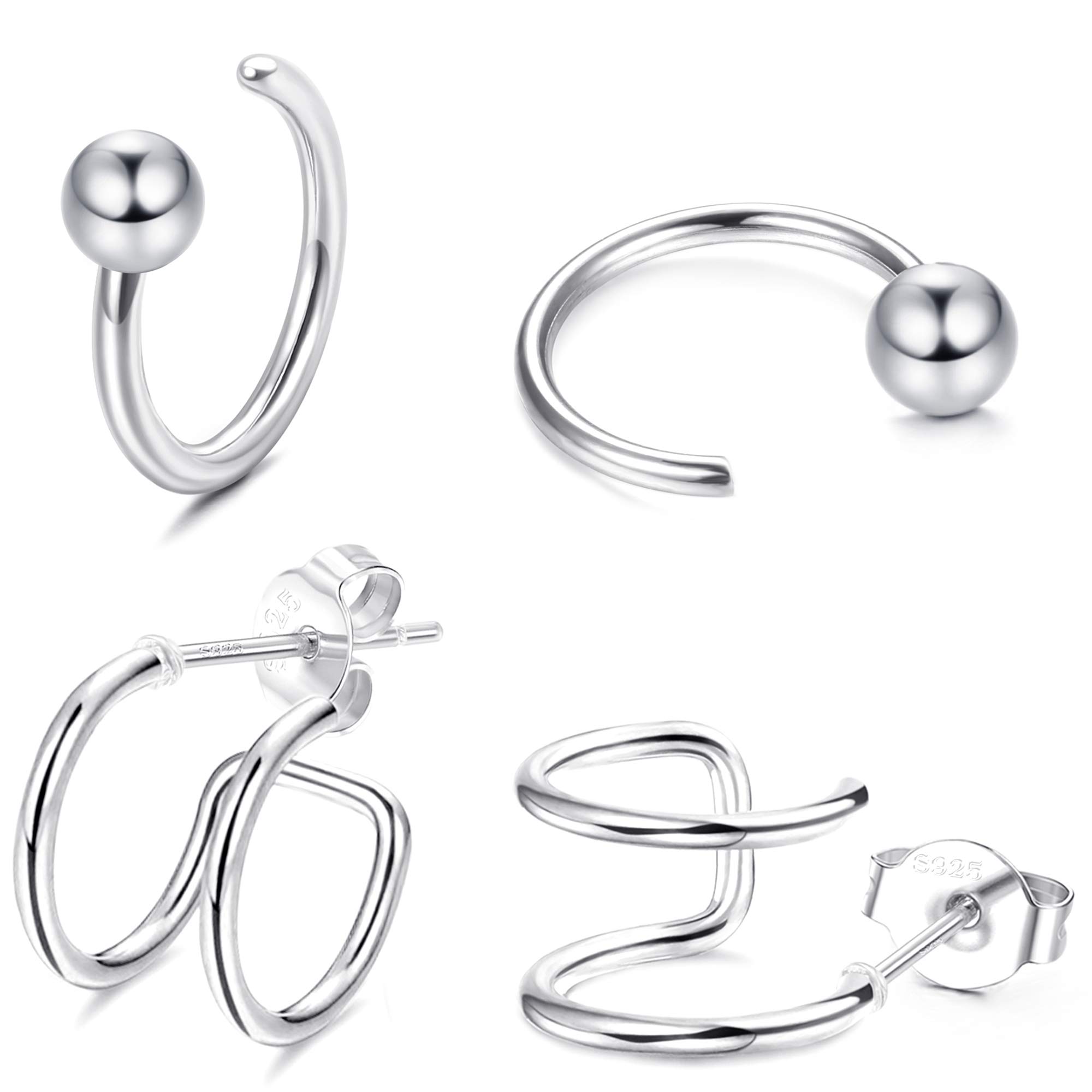 Milacolato 2Pairs 925 Sterling Silver Huggie Half Earrings 3mm Ball Double Hoop Tiny Nose Lobe Cartilage Helix Piercing Set for Women