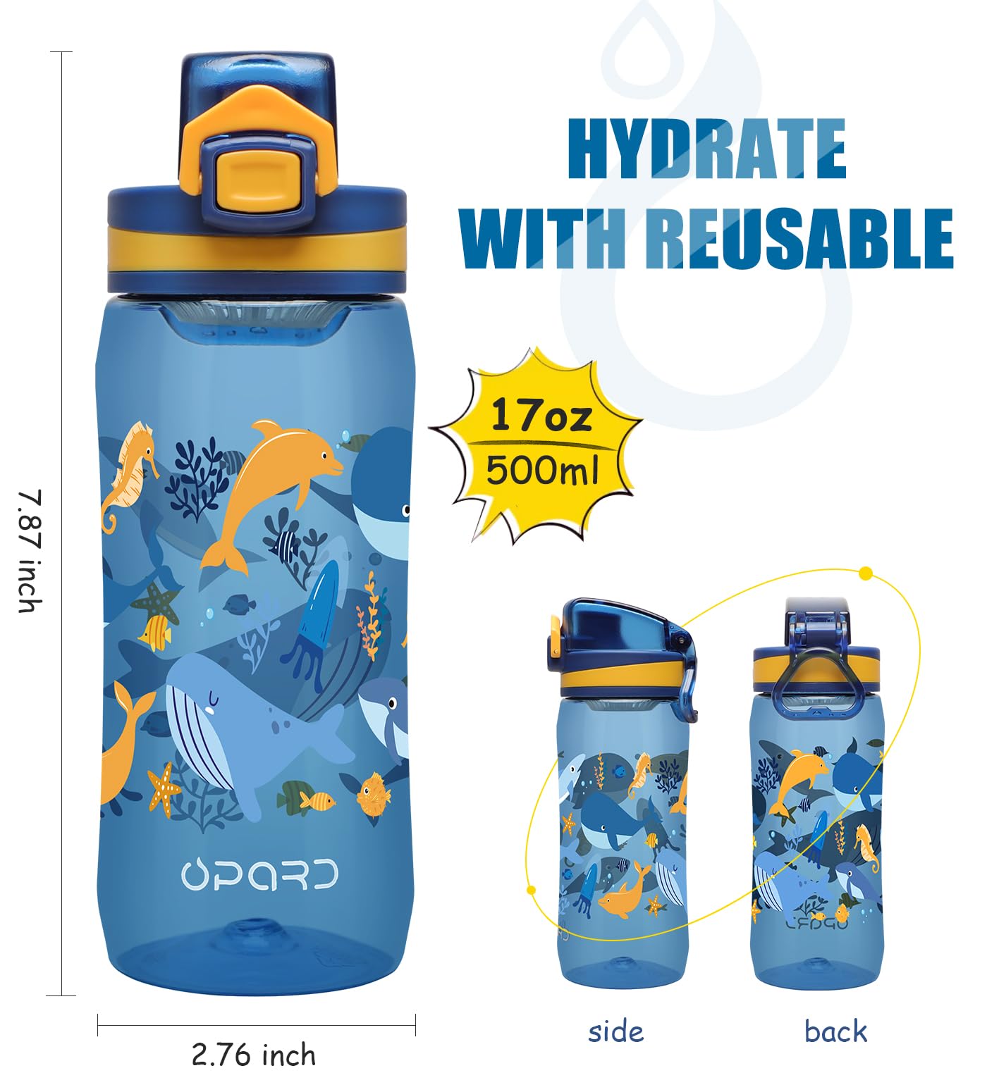 Opard 17oz Kids Water Bottle with Leak Proof Flip-Top Lid, Reusable BPA-Free Tritan for School and Travel