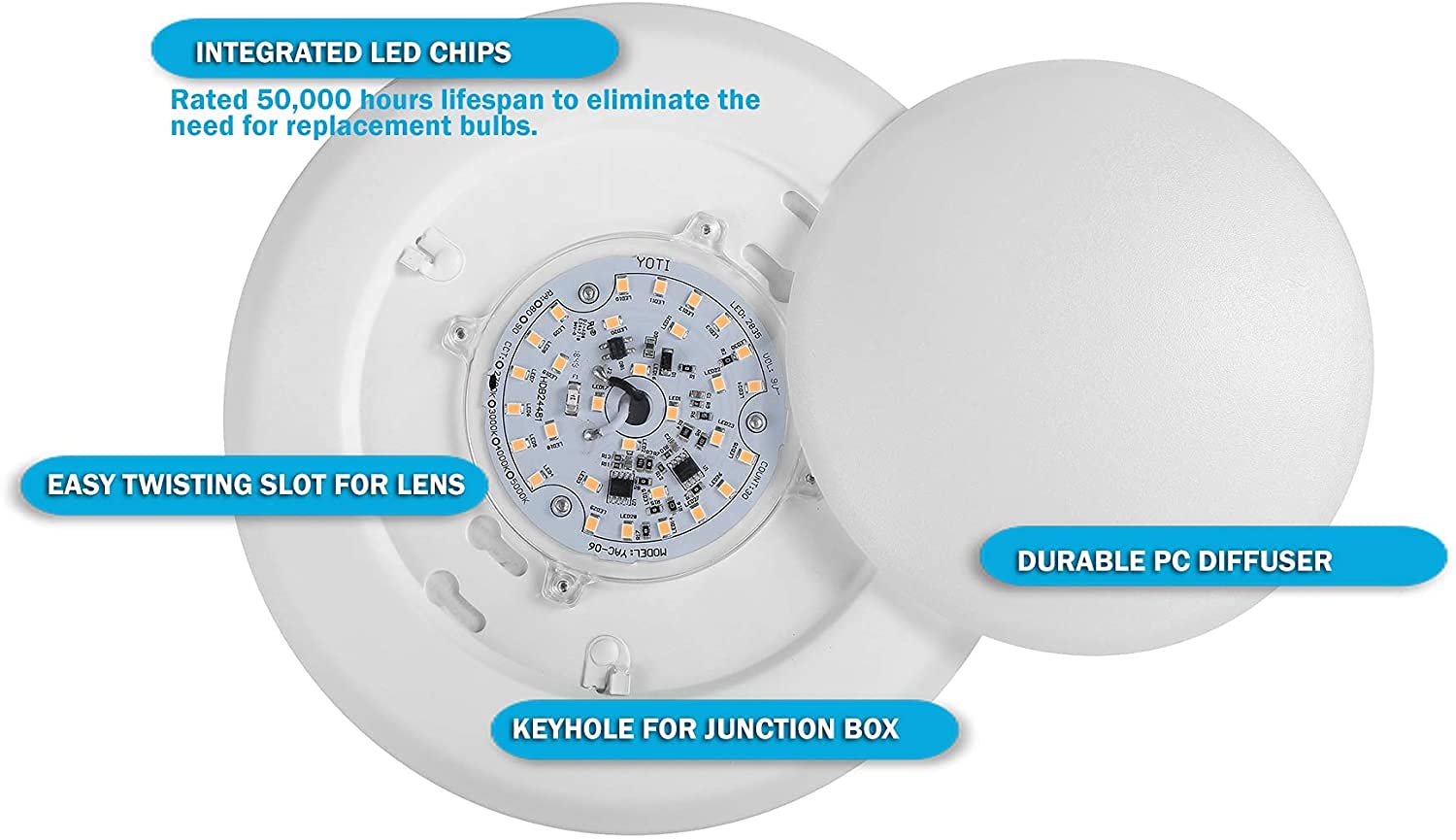 Lunabode LED 7.5" Dimmable LED Disk Light Flush Mount, Ceiling Light, Light Fixture, LED Lights, 15W (120W Equivalent), 120V, 5000K, Wet Location LED Light, 4/6" J-Box (Bright White, 6 Pack)