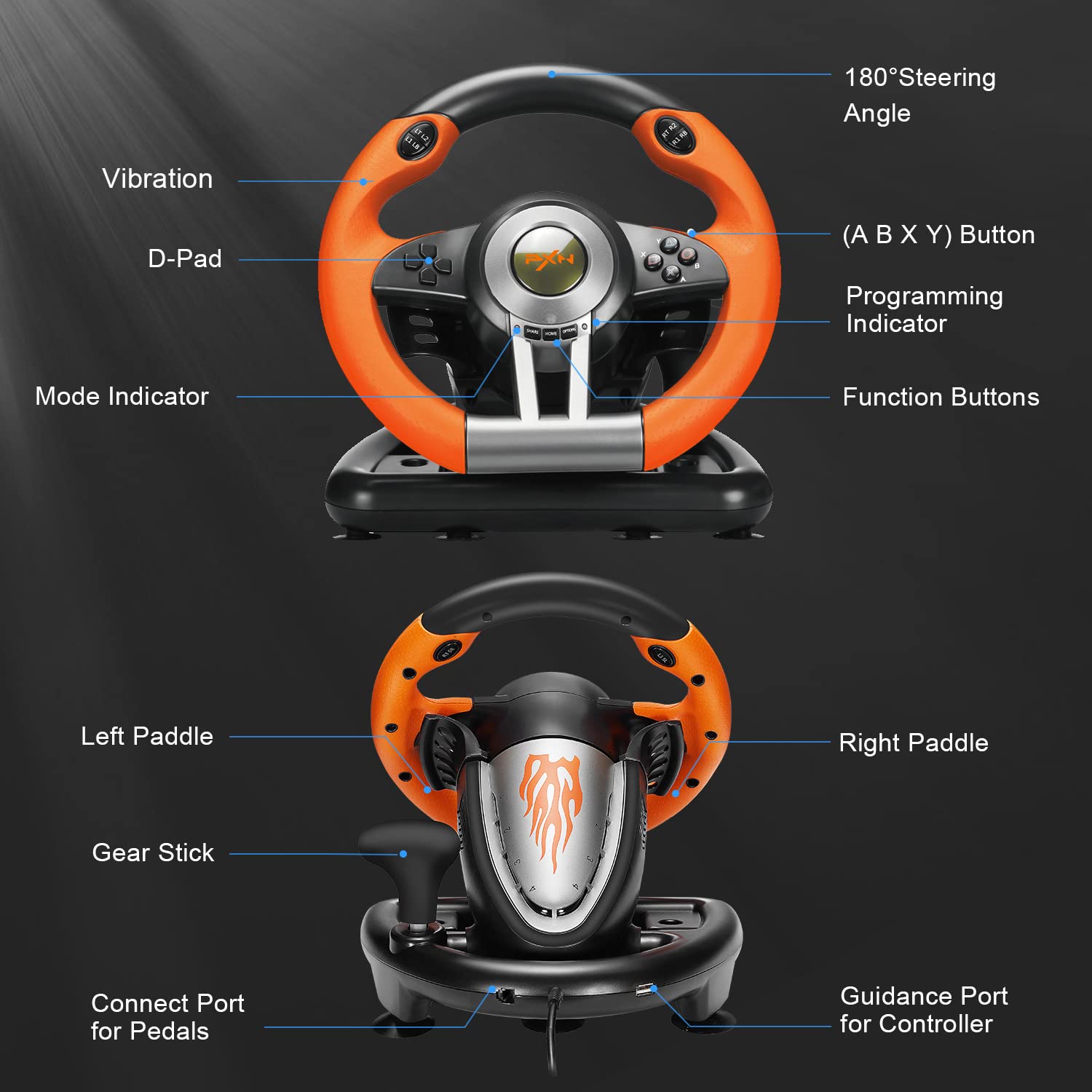 PXN Steering Wheel for PC, V3II Used - Like New Racing Wheel with Pedals 180° Vibration Racing Steering Wheel for PS4,PC,PS3,Xbox Series X|S, Xbox One,Switch(Orange)