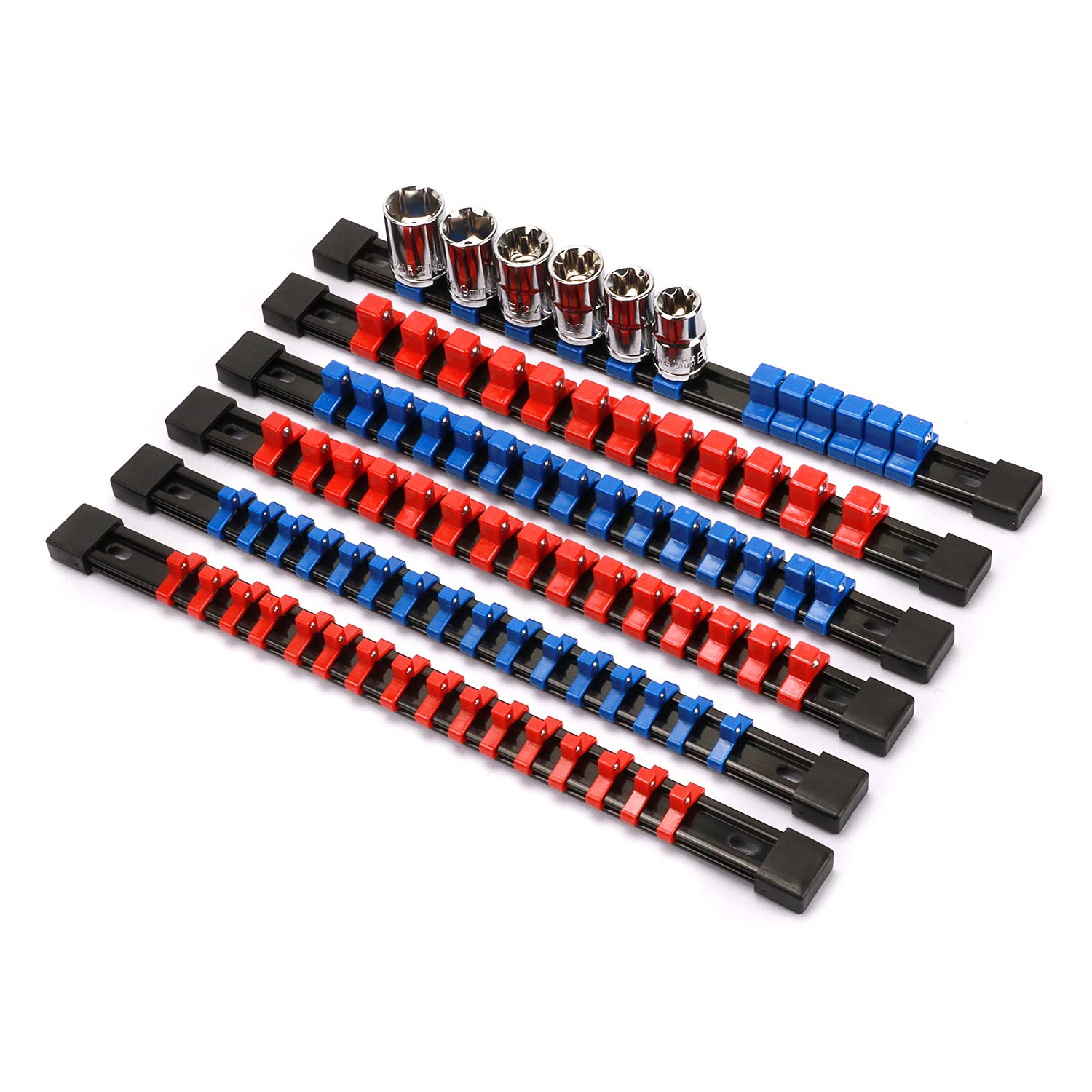 Mayouko ABS Socket Organizer Drive Socket Holder, 1/4” Drive x 32 Clips, 3/8” Drive x 30 Clips, 1/2” Drive x 24 Clips,Portable Socket Clip Rail Holder, 6 Pieces Set