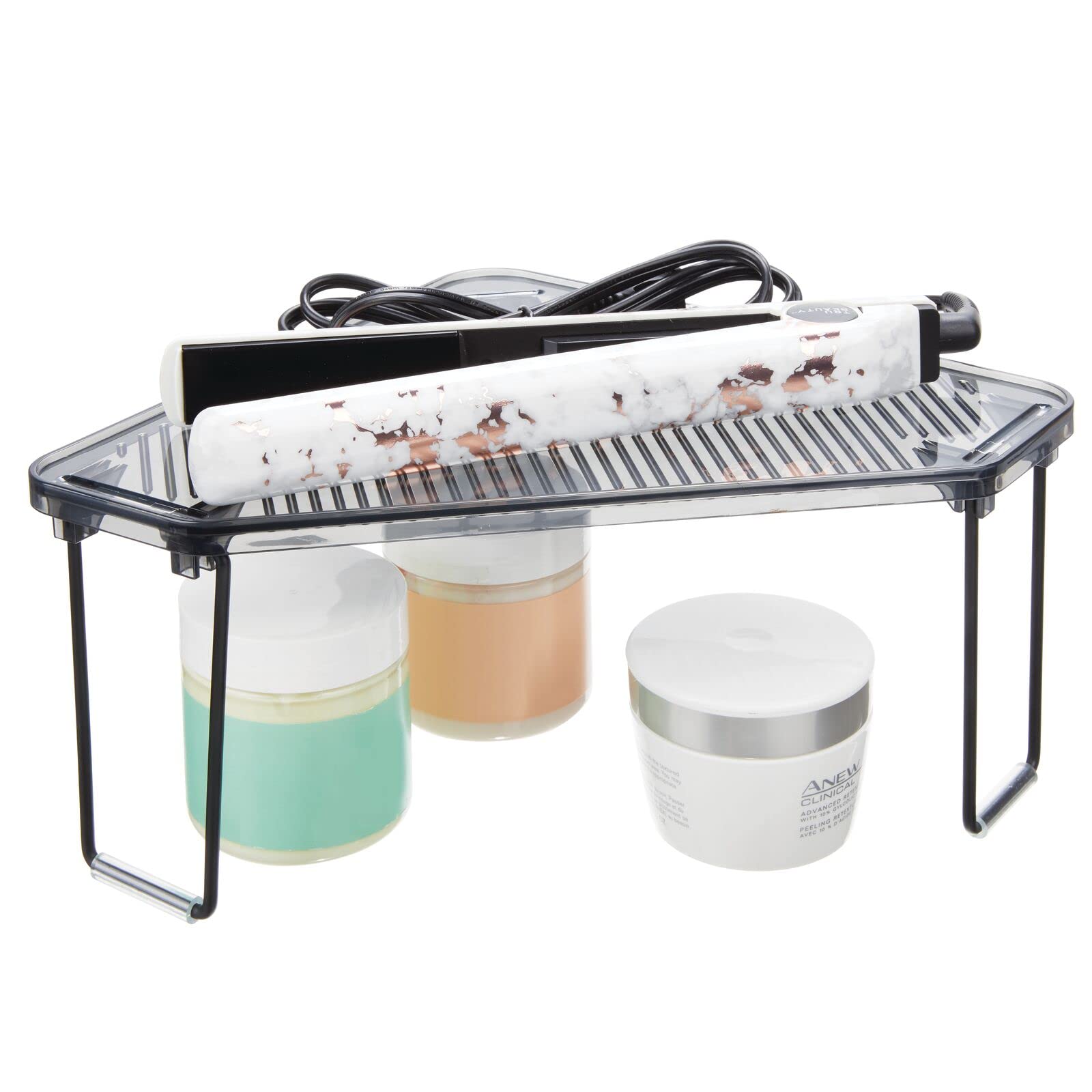 mDesign Plastic/Steel Corner Stackable Rack, Storage Organizer Shelf for Bathroom, Vanity, Countertop, Sink, Cabinet, Holds Makeup, Shower Accessories, Ligne Collection - Black/Smoke Gray