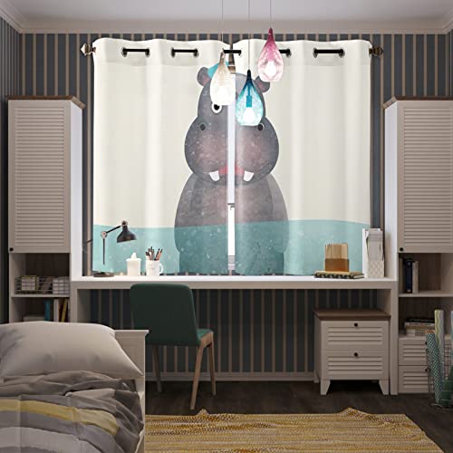 Possta Decor Window Curtain Drape Cartoon Hippo Blue Stream,Durable Panel Set with Grommet Top,Grey Animal River Horse Machine Washable Window Treatments for Kitchen Living Room