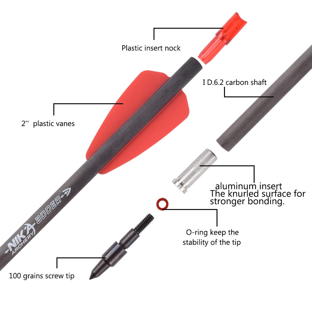 NIKA ARCHERY 7.5" inch Crossbow Bolts Carbon Arrows 2" Red Vanes with 100Grain Target Tips for Hunting Shooting 6/12pcs