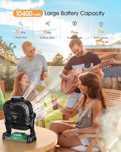 Solar Camping Fan 10400mAh, Solar Powered Fan with Solar Panel, 7W Rechargeable Battery Operated Fan for Outside, LED Lantern, Stepless Speed and Quiet Battery Powered Solar Tent Fan for Picnic,Office
