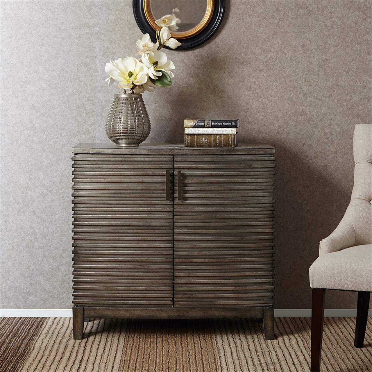 Madison Park West Ridge 2 Shelves Storage Cabinet - Vintage Industrial Rustic Modern, Solid Wood Legs Living Room Furniture Accent Chest, 36"W x 14"D x 34"H, Grey