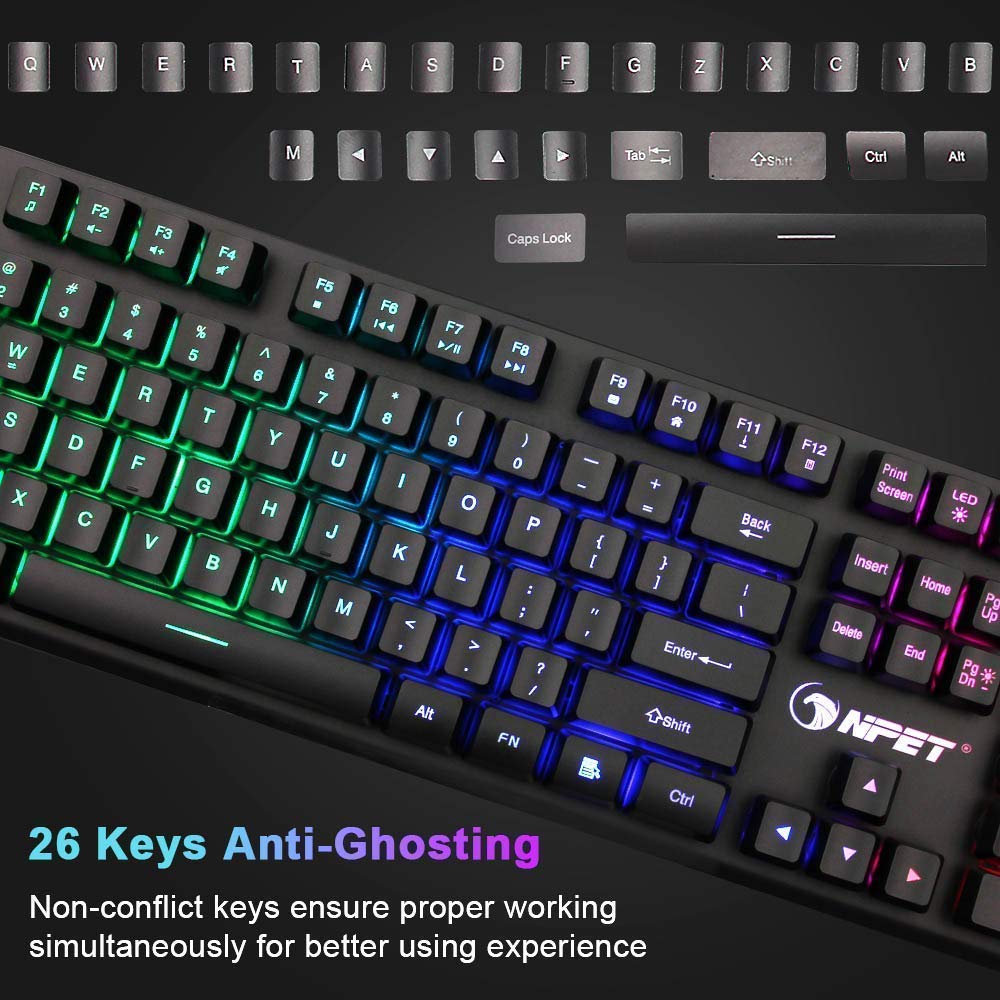 NPET Gaming Keyboard and Mouse Bundle, Backlit Wired Ergonomic Keyboard, LED Lighting Mouse with 7200 DPI for Windows Computer Gamers