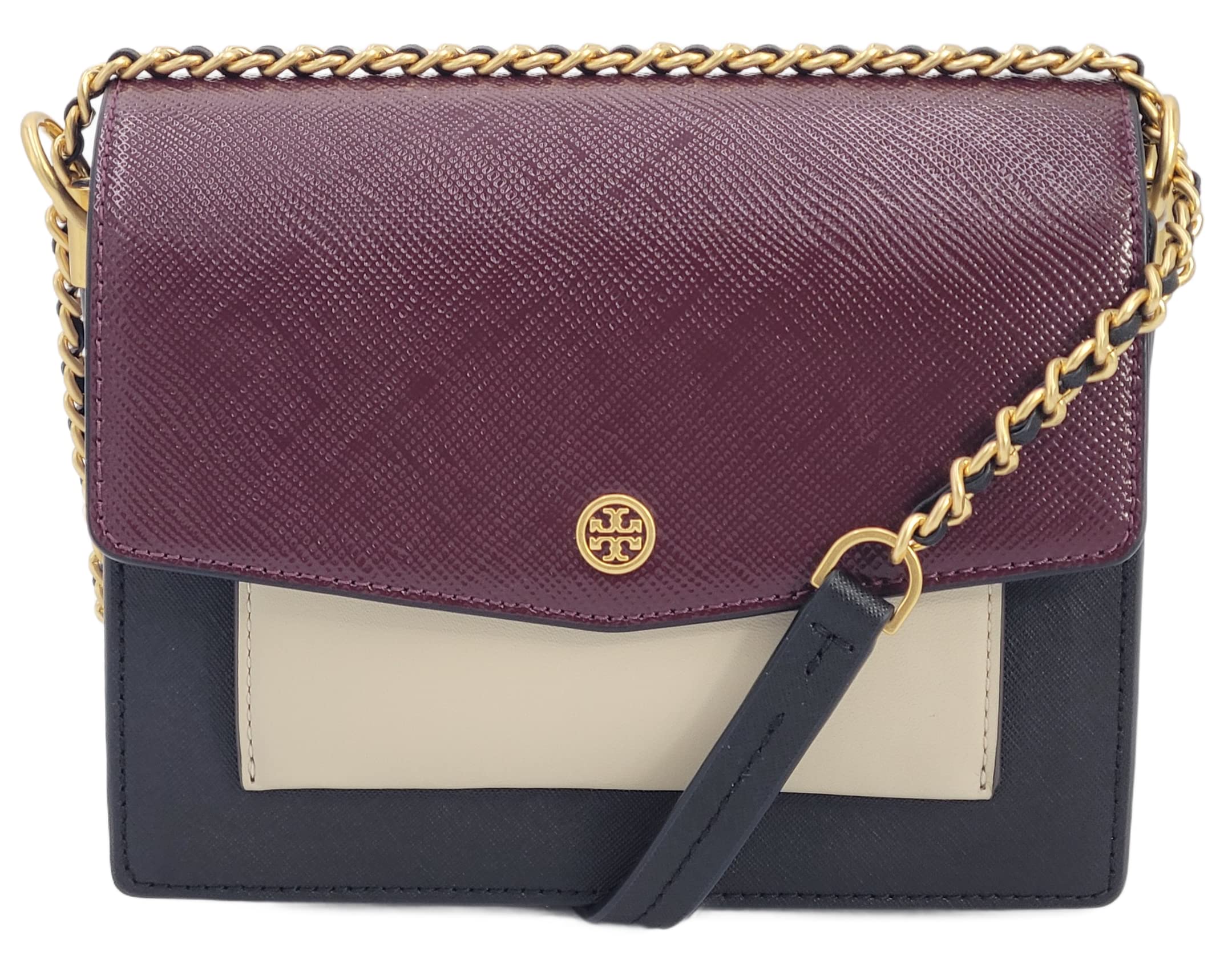 Tory Burch 145219 Robinson Black/Maroon Saffiano Leather Cream Off White Accent With Gold Hardware Women's Shoulder Crossbody Bag