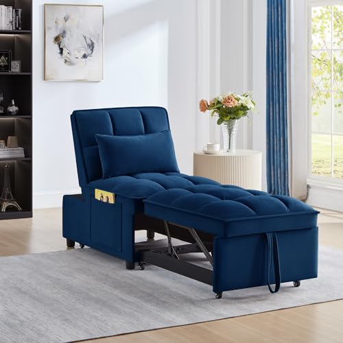 YOPTO Multi-Function Convertible Single Sleeper Sofa Bed with Storage Pockets,Velvet Tufted Pull-Out Couch Bed 4in1 W/Adjustable Backrest & Pillows,Chaise Lounge for Living Room,Small Space,Navy