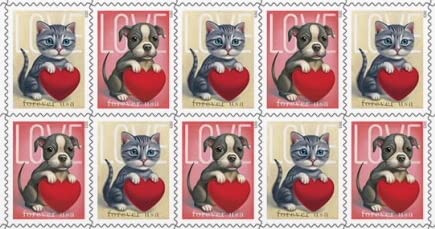 Love 2023 Dog and Cat Forever First Class Postage Stamps 1/2 Sheet (10 Stamps), Red
