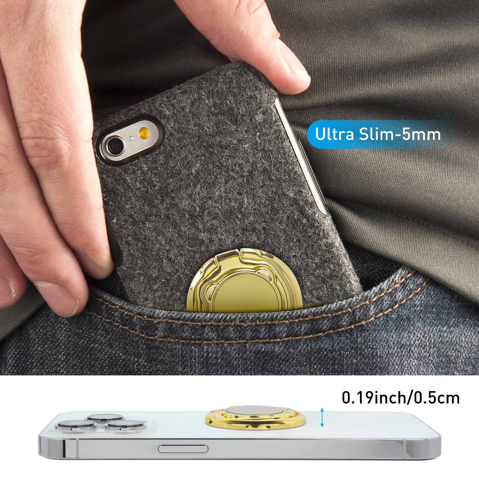 NICEASY Cell Phone Ring Holder Finger Kickstand, 360°Rotation Phone Grip Foldable Work with Magnetic Car Mount Compatible with iPhone iPad Smartphones Tablets (2 Pack,Golden)