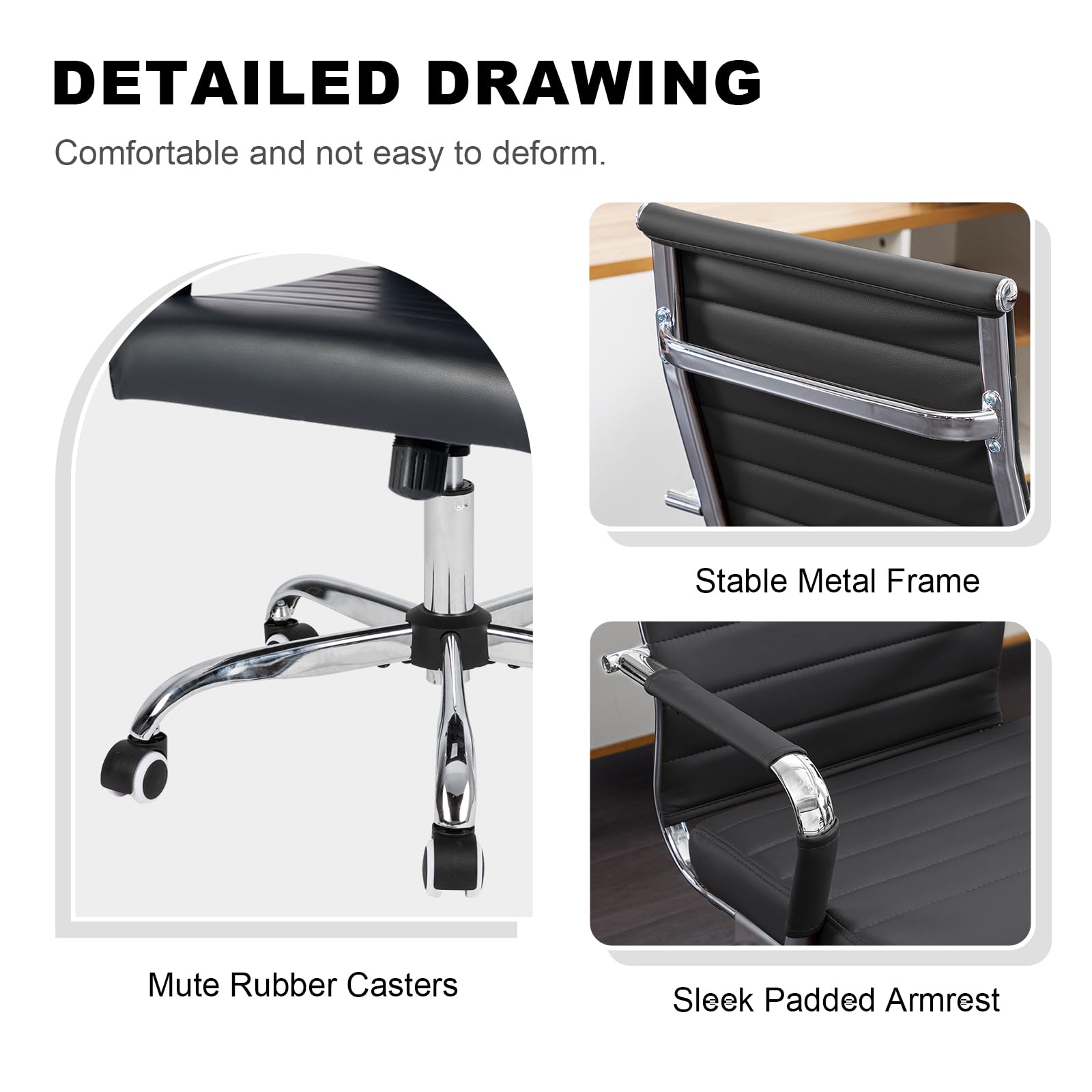 LUCKWIND Office Desk Chair, Executive Ribbed Task Chair, High-Back Leather Conference Ergonomic Chair, Swivel Arm Chair, Height Adjustable & Tilt Rocker (Black)