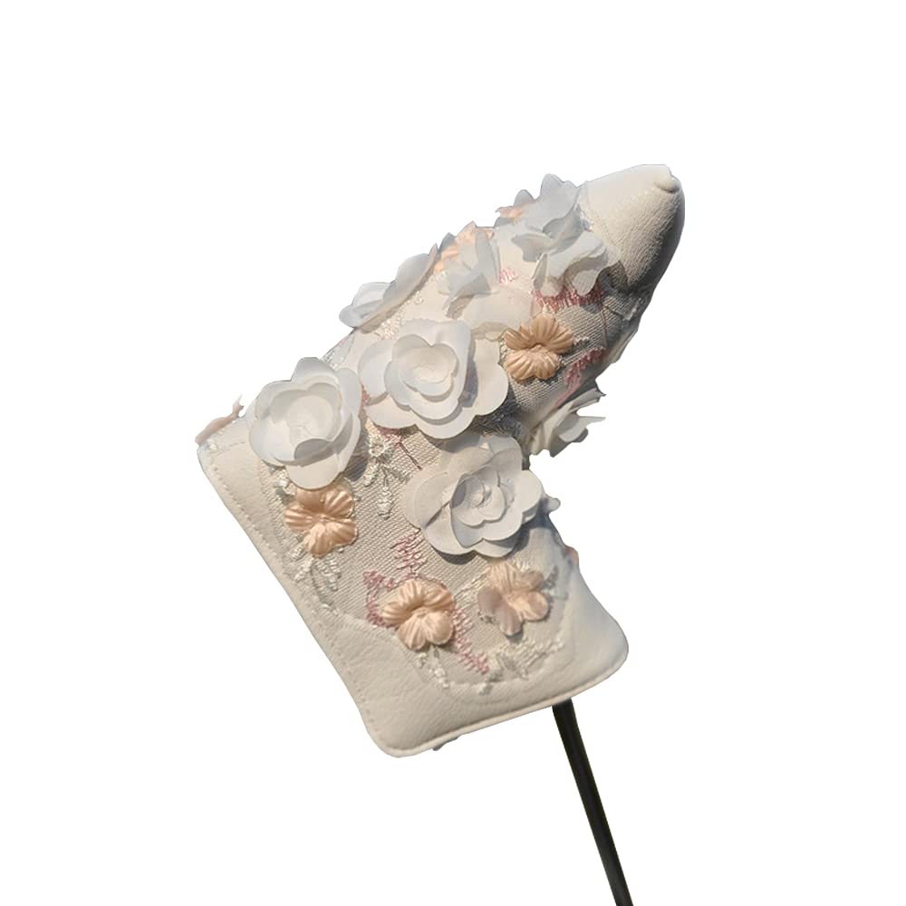 Perilynnc Golf Putter Headcover Blade Putter Cover Exquisite Flowers Design Golf Club Cover with Magnetic Closure Leather Golf Headcovers Fits for L-Shaped Putters (White)