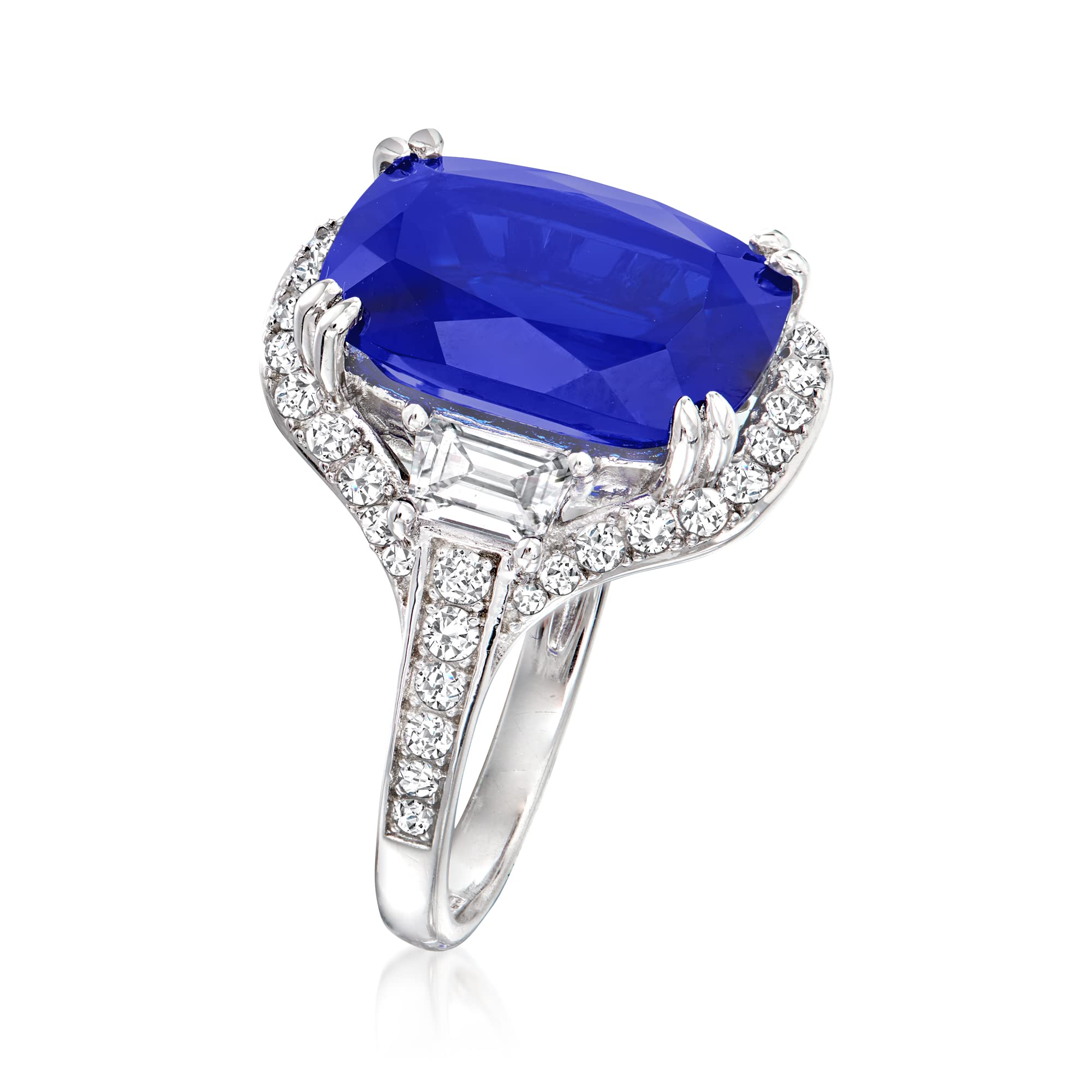 Ross-Simons 6.50 Carat Simulated Sapphire and 1.00 ct. t.w. CZ Ring in Sterling Silver. Size 5