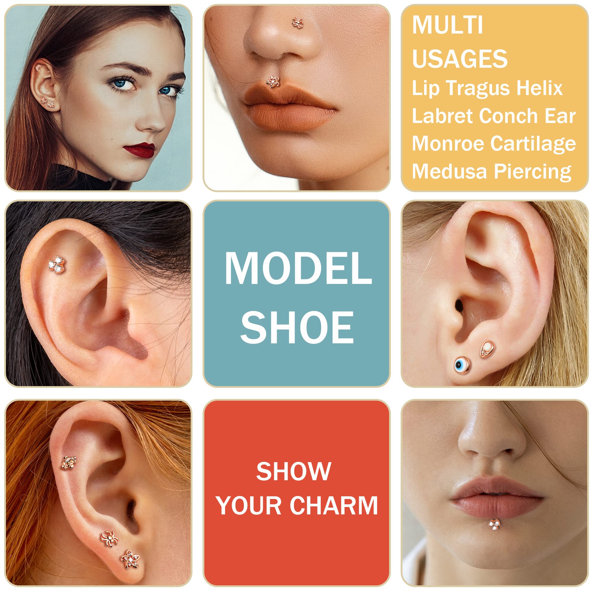 Sanfenly 9PCS 16G Stainless Steel CZ Internally Threaded Labret Monroe Lip Studs Helix Cartilage Tragus Earring Nose Piercing Jewelry