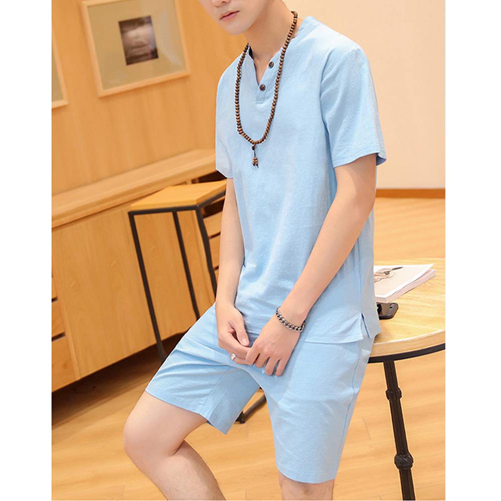 MANTORS Men's Linen tracksuit 2 Pieces Summer Beach Sets for Short Sleeve Shirt and Shorts Suit 17Light Blue-L