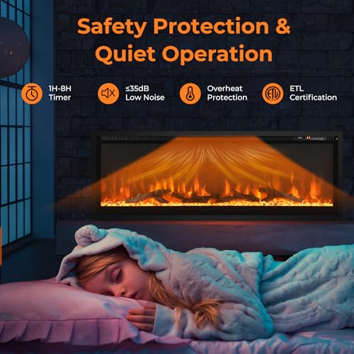 ORALNER Electric Fireplace Insert 50 Inch Wide, Recessed & Wall-Mounted Fireplace Heater with Thermostat, 9 Flame Colors & 5 Adjustable Brightness, Remote Control & 8H Timer, 750W/1500W (50 Inches)
