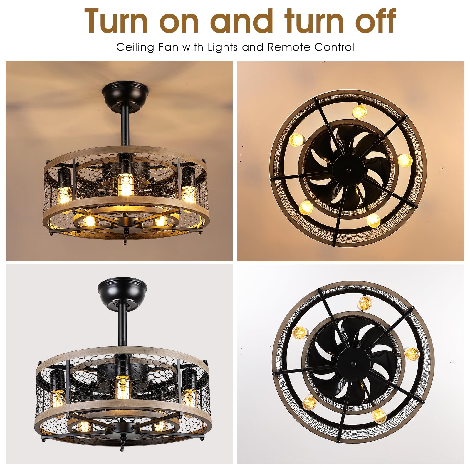MADSHNE 20'' Caged Ceiling Fans with Lights Remote Control, Small Farmhouse Ceiling Fans with Light, Black Rustic Bladeless Ceiling Fans for Bedroom Kitchen