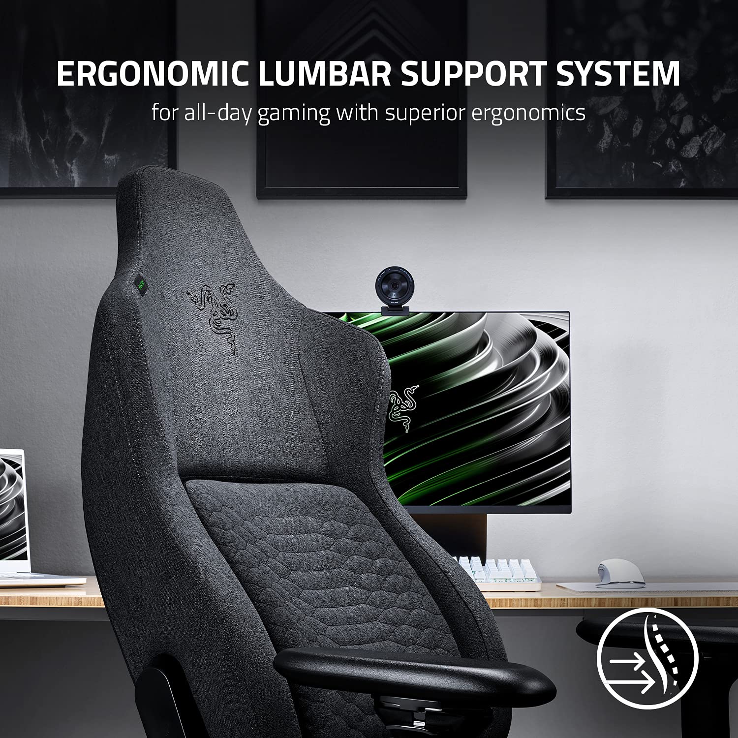 Razer Iskur PC Gaming Chair, Standard, Dark Gray Fabric & Head Cushion, Black
