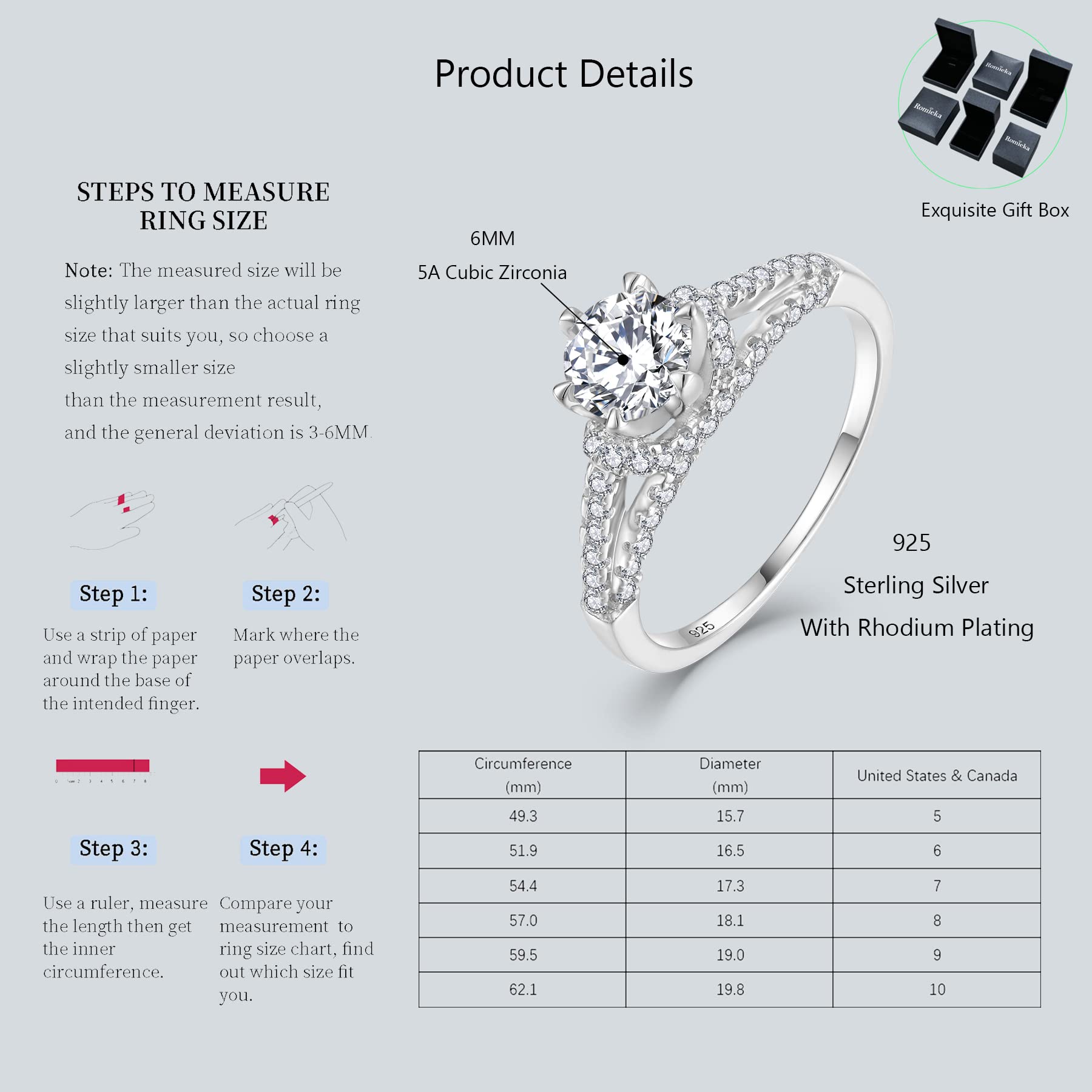 Romieka Rings Engagement Rings for Women 14K White Gold Plated 925 Solid Sterling Silver Round Cut 5A CZ Wedding Ring,Size6