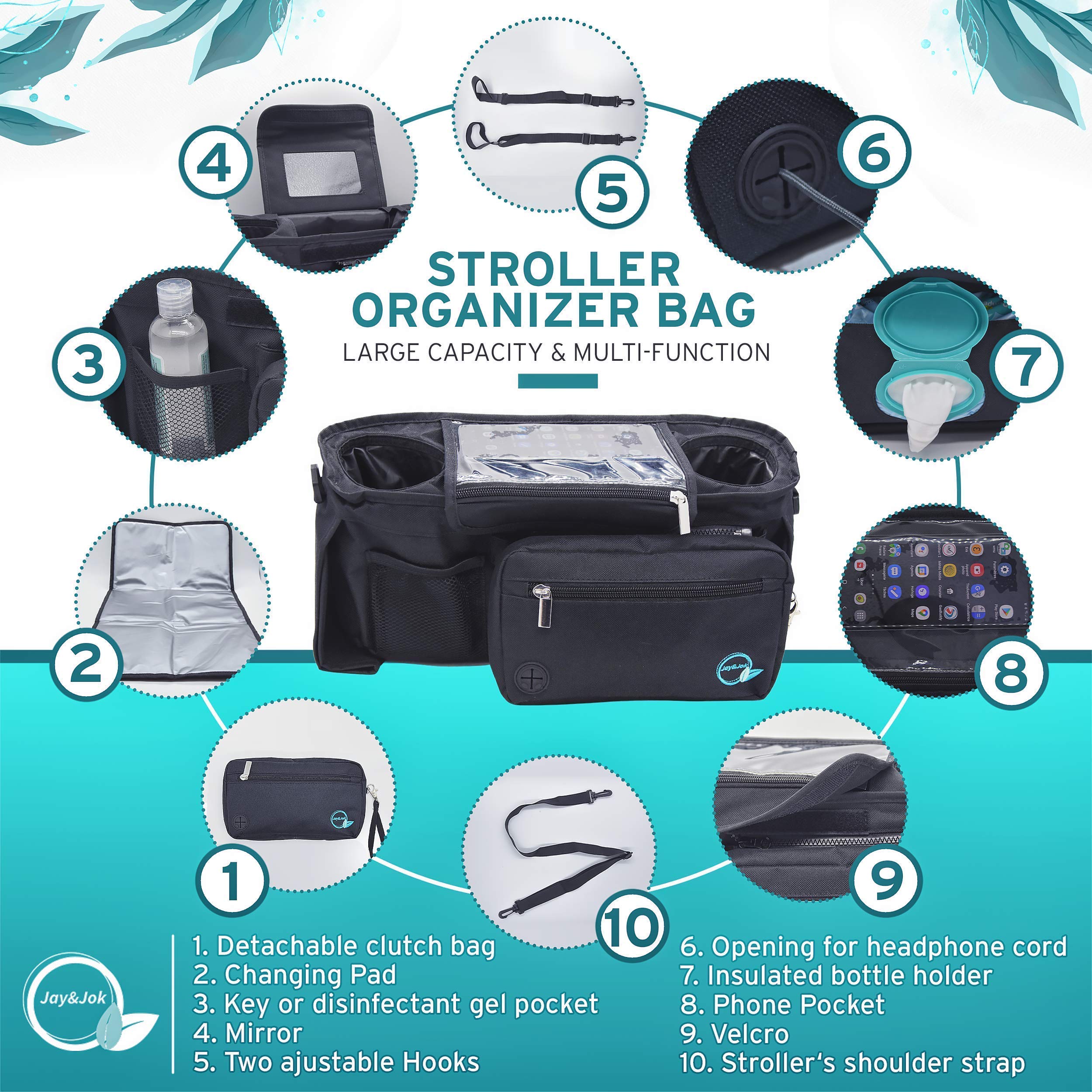 mcyiqihai Jay&JOK Stroller Organizer Bag with Cup Holders, Wipe Dispenser, Detachable Bag, Mirror for Moms. Waterproof Changing Pad, Non-Slip & Shoulder Strap Fit All Baby and Pet Stroller