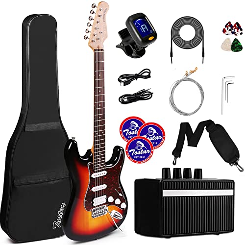 TOSTAR Electric Guitar Kit, 39 Inch Solid Right Hand Guitar Electric for Beginners with Amp + Straps + 4*Guitar Picks + 6*String Set + Tuner + Cable + Electric Guitar Bag (Sunburst)