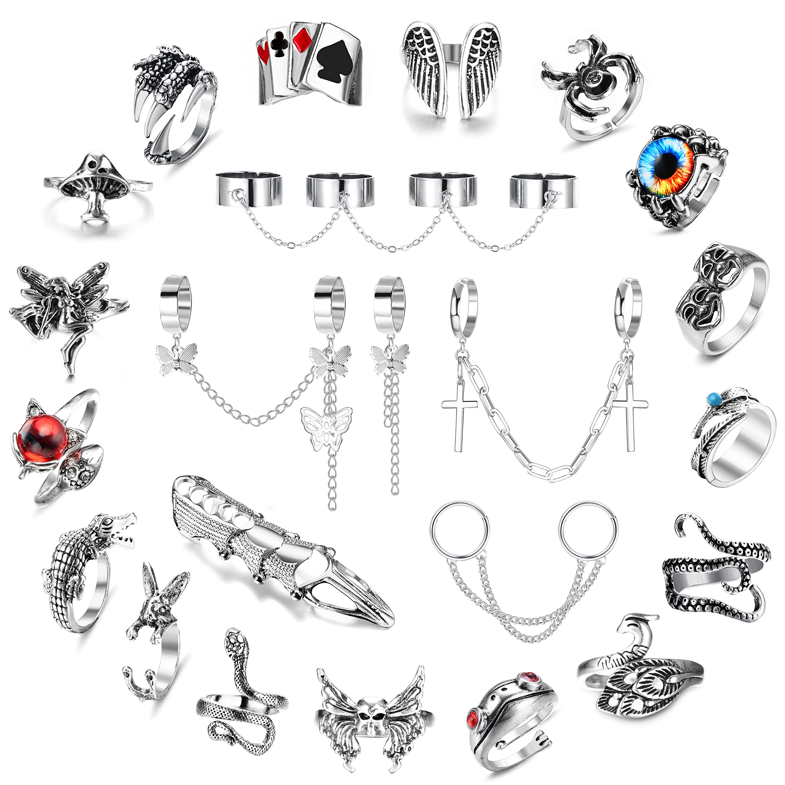 Sanfenly Goth Punk Rings for Men Women, Vintage Cool Punk Chain Rings Gothic Full Finger Ring Statement Stackable Skull Snake Butterfly Cross Eboy Emo Aesthetic Rings Set