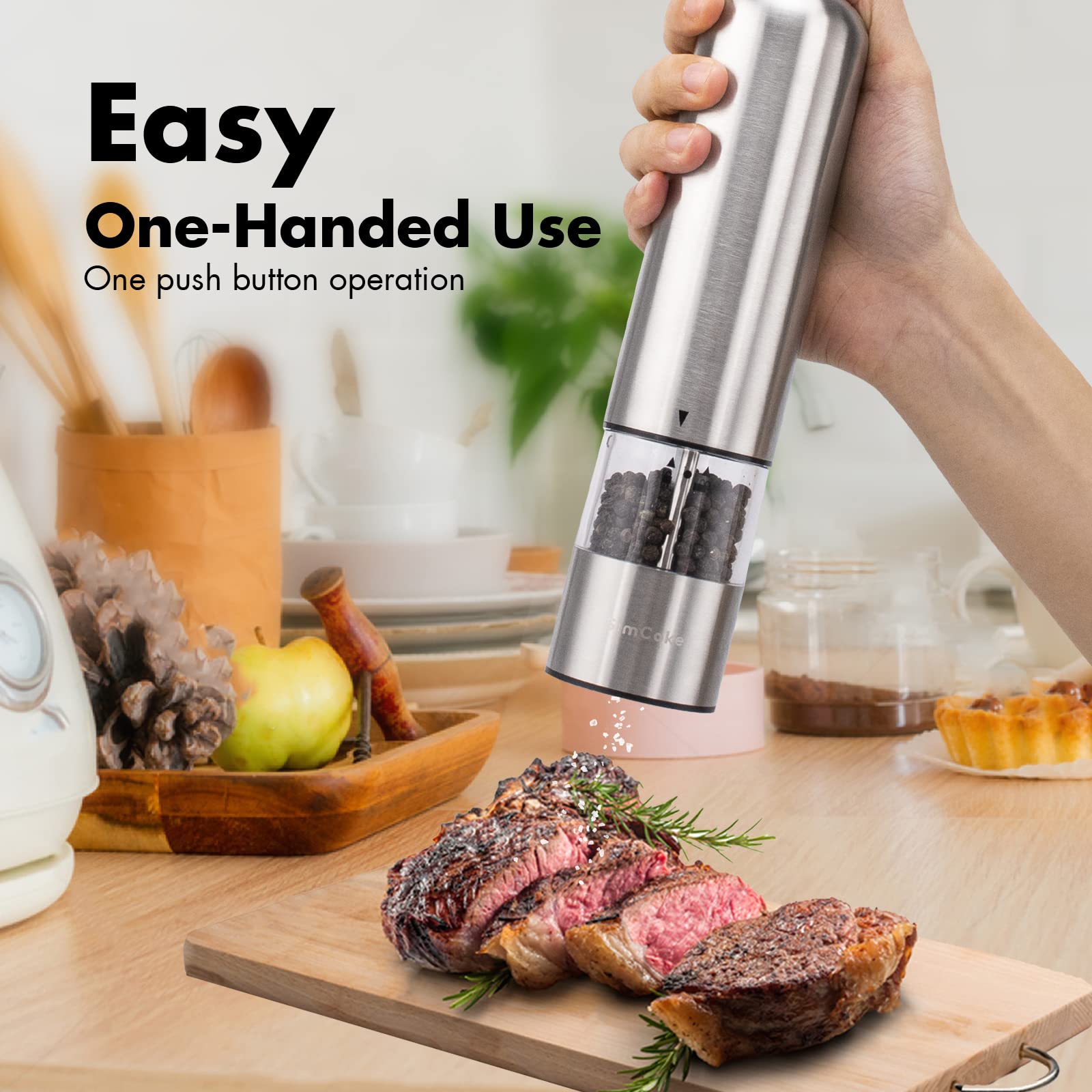 SimCoker Electric Salt and Pepper Grinder Set, Battery Operated Stainless Steel Pepper Grinder Mill Electric with Light, Automatic One Handed Operation, Adjustable Coarseness, Ceramic Grinder, 2 Pack