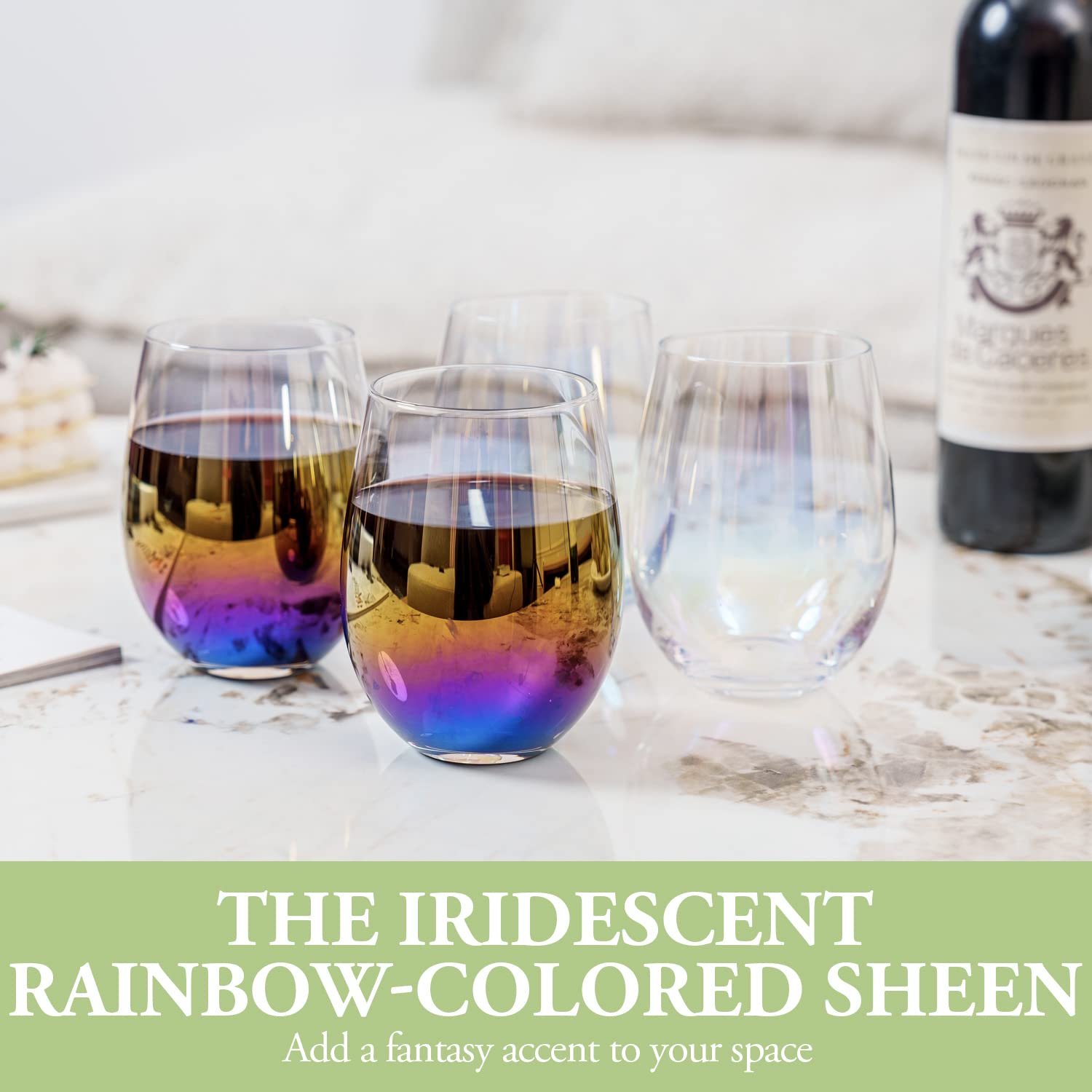 MyGift 18 oz Modern Iridescent Transparent Stemless Wine Glasses, Rainbow Colored Luster Clear Cocktail Beverage Drinking Glass Cups, Set of 4