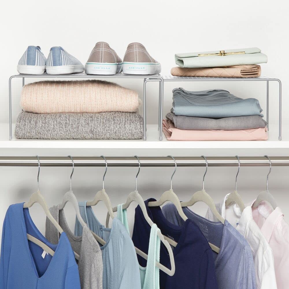 mDesign Adjustable Raised Metal 4-Piece Closet Stacking Organizer, Expanding Storage Shelf - Bedroom, Hall, Entryway Closets, Non-Skid Feet, Hold Hats, Shoes, Bags, Concerto Collection, 2 Pack, Silver