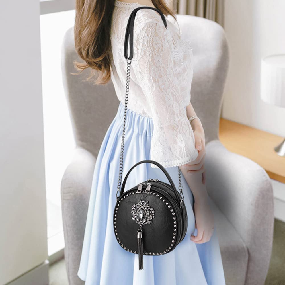 Vintage Round Crossbody Purse for Women Small Top Handle Clutch Handbag with Tassels Leather Designer Shoulder Bag Small