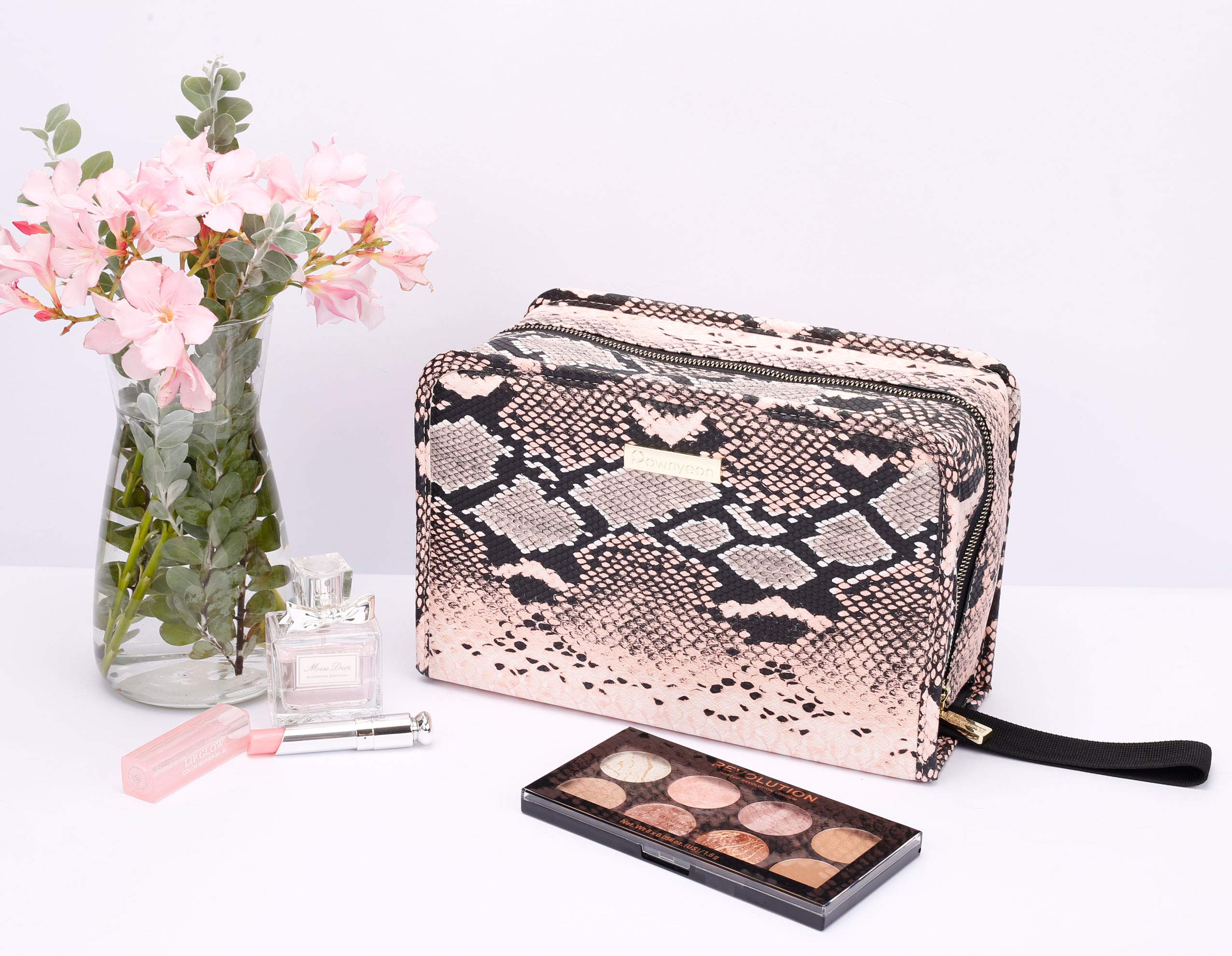 ROWNYEON Lipstick Organizer Bag Case Lipstick Holder 67 Slots Snake Print Portable Travel Makeup Bag Cosmetic Case Lipstick Carrying Case Makeup Storage Bag Case For Lip Gloss,Mascara-Pink PU Leather