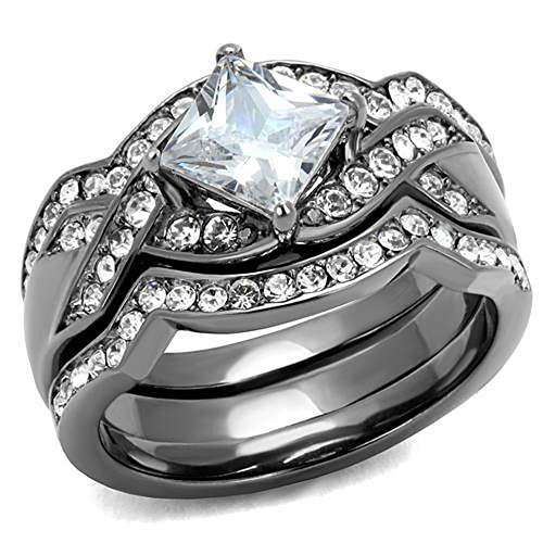 Marimor Jewelry 2.2 Carat Princess Cut Cubic Zirconia Light Black Stainless Steel Women's Wedding Ring Set Size 7
