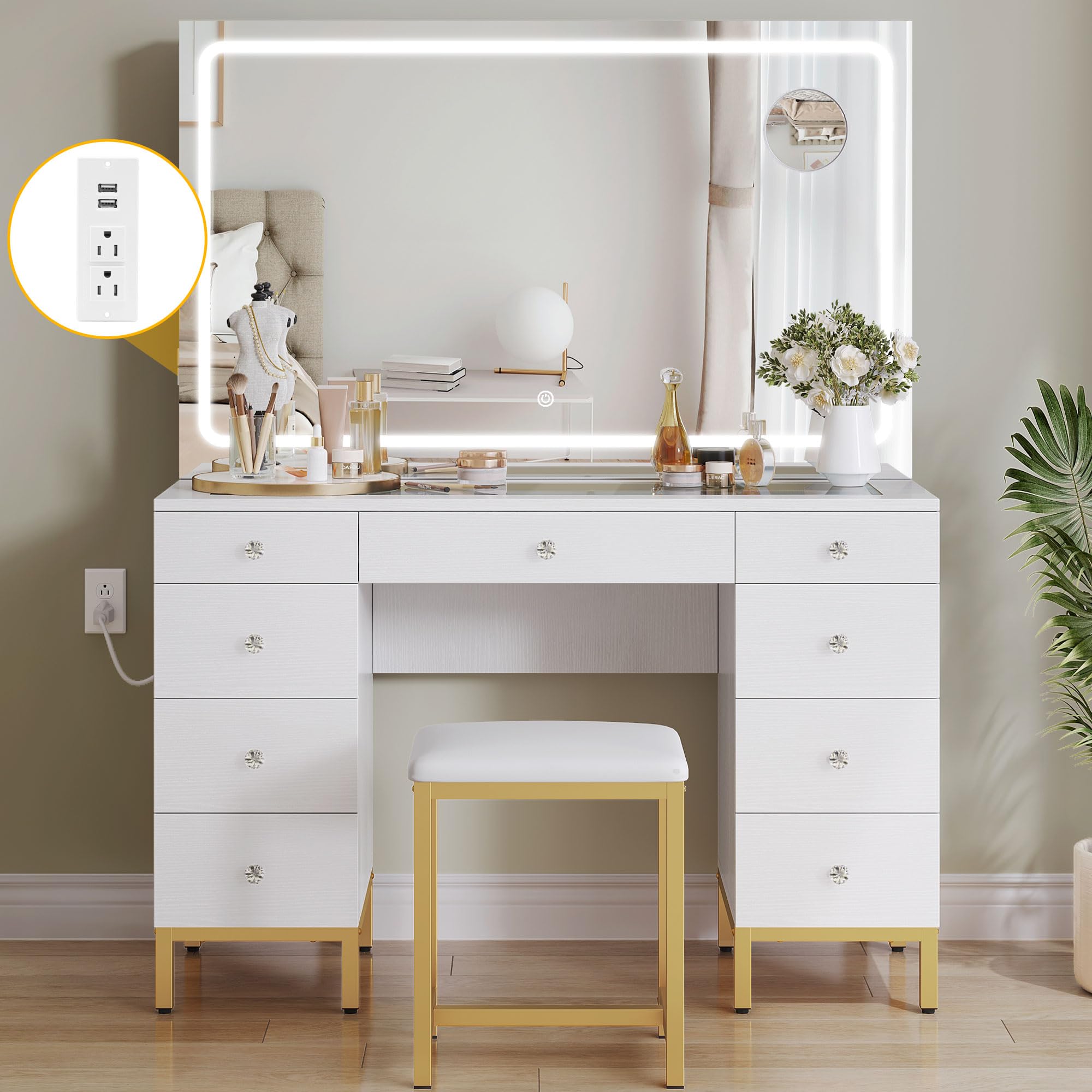 YITAHOME Vanity Desk Set, with XL LED Lighted Mirror Magnifying Glass & Power Outlet, 9 Drawers Makeup Vanities Dressing Table with Stool, White, 47 Inches
