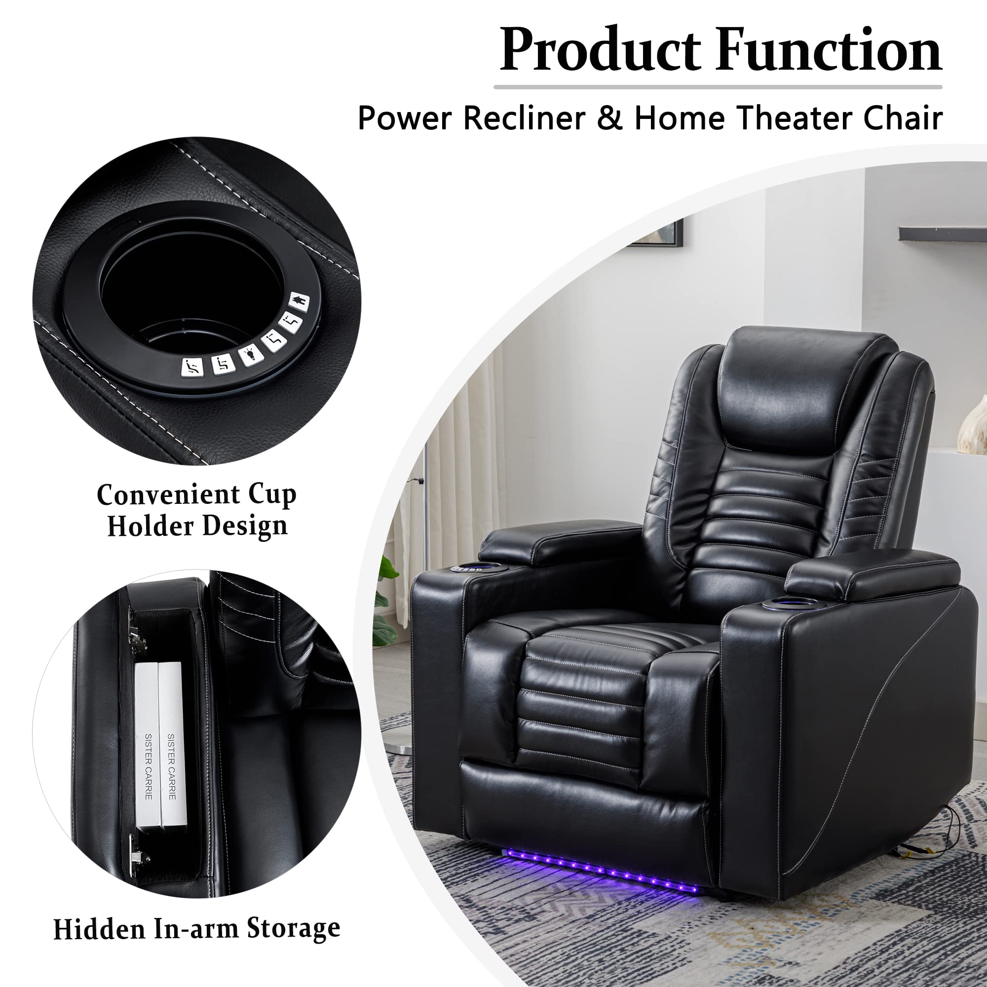 Merax Home Theater Seating,Power Motion Recliner Living Room Furniture with Adjustable Headrest Hidden Arm Storage LED Lighting, Black