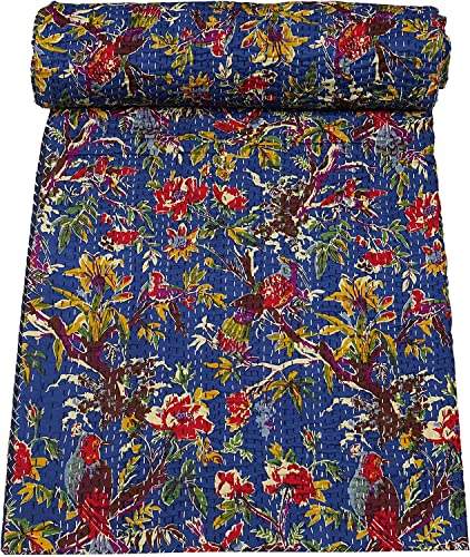 Marubhumi Indian Multicolor Cotton Bird Print Quilt Bedspread Handmade Blanket Kantha Throw Gudari (Color -Blue Twin Size 90X60 Inch)