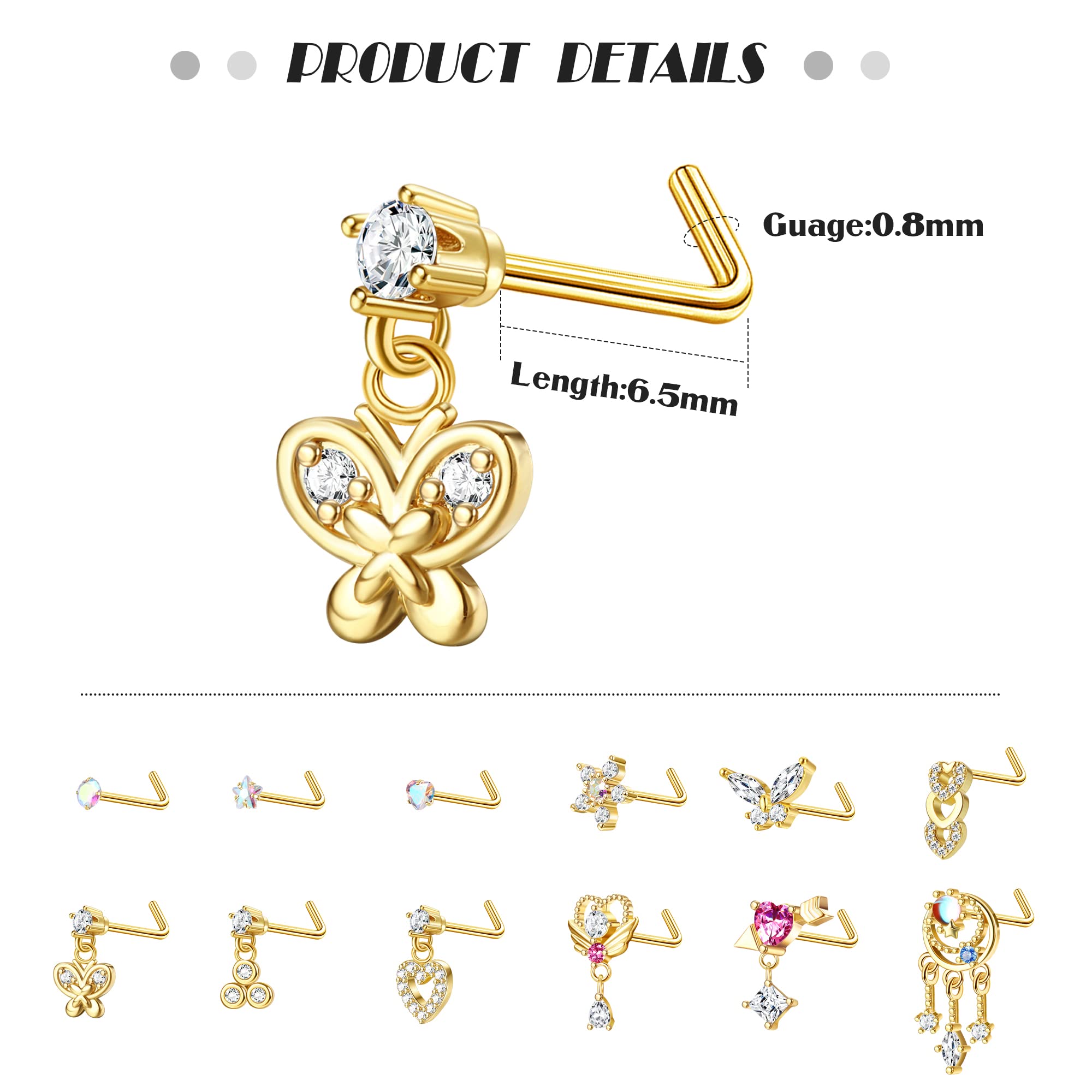 Sanfenly Nose Rings Studs Nose Piercing Jewelry for Women Men 20G Rose Gold Silver Black Cute CZ Heart Moon Butterfly Flower Dangly Dangle Dangling Nose Rings L Shaped Nose Stud Set