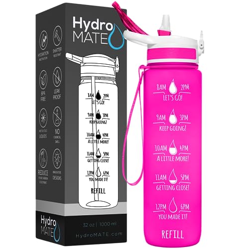 NatureWorks HydroMATE 32 oz Water Bottle with Time Markings Hourly BPA Free Reusable Leak Proof with Straw and Carrying Strap 1 Liter