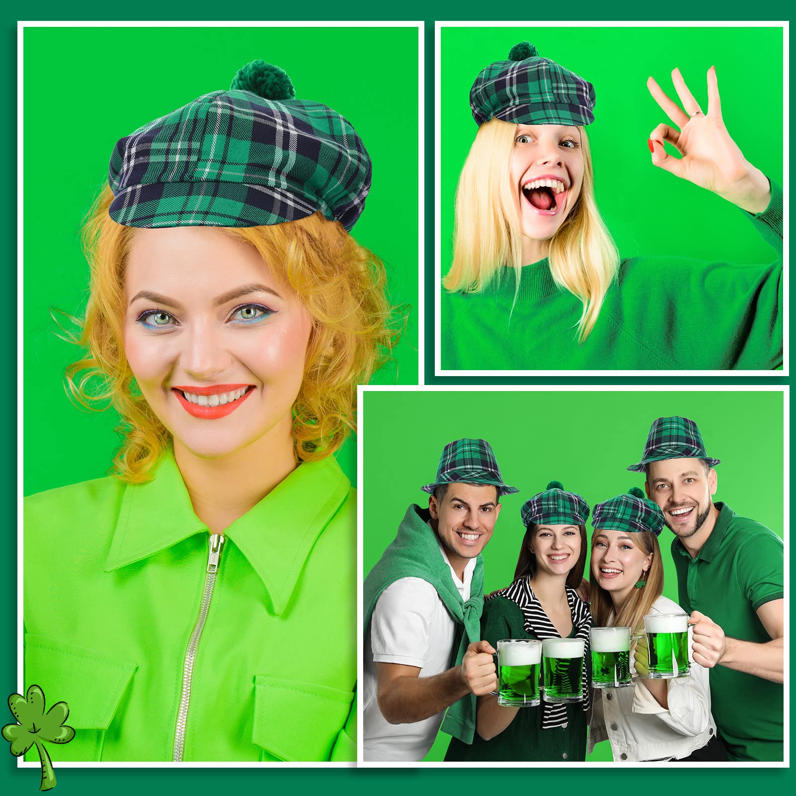 St. Patrick's Day Plaid Fabric Hat St. Patrick's Day Accessories Green Hat Women's Berets Hats for Adult (Retro Style)