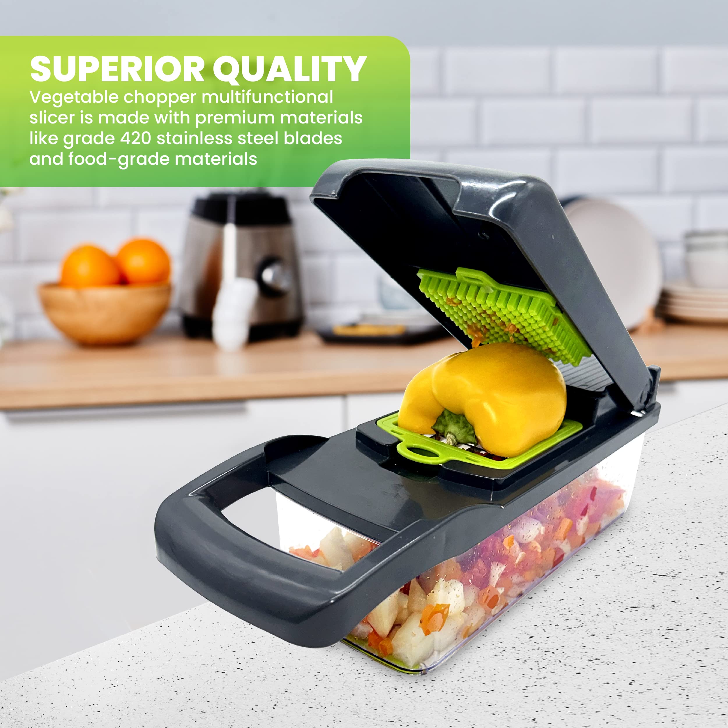 Lovelybren 12-in1 Vegetable Chopper - Heavy Duty Mandoline Slicer For Kitchen With 7 Blades, Egg Separator, Strainer - Fruit & Vegetable Slicer With Container - Hand-Wash - 13.4x4.7x4.9", Gray