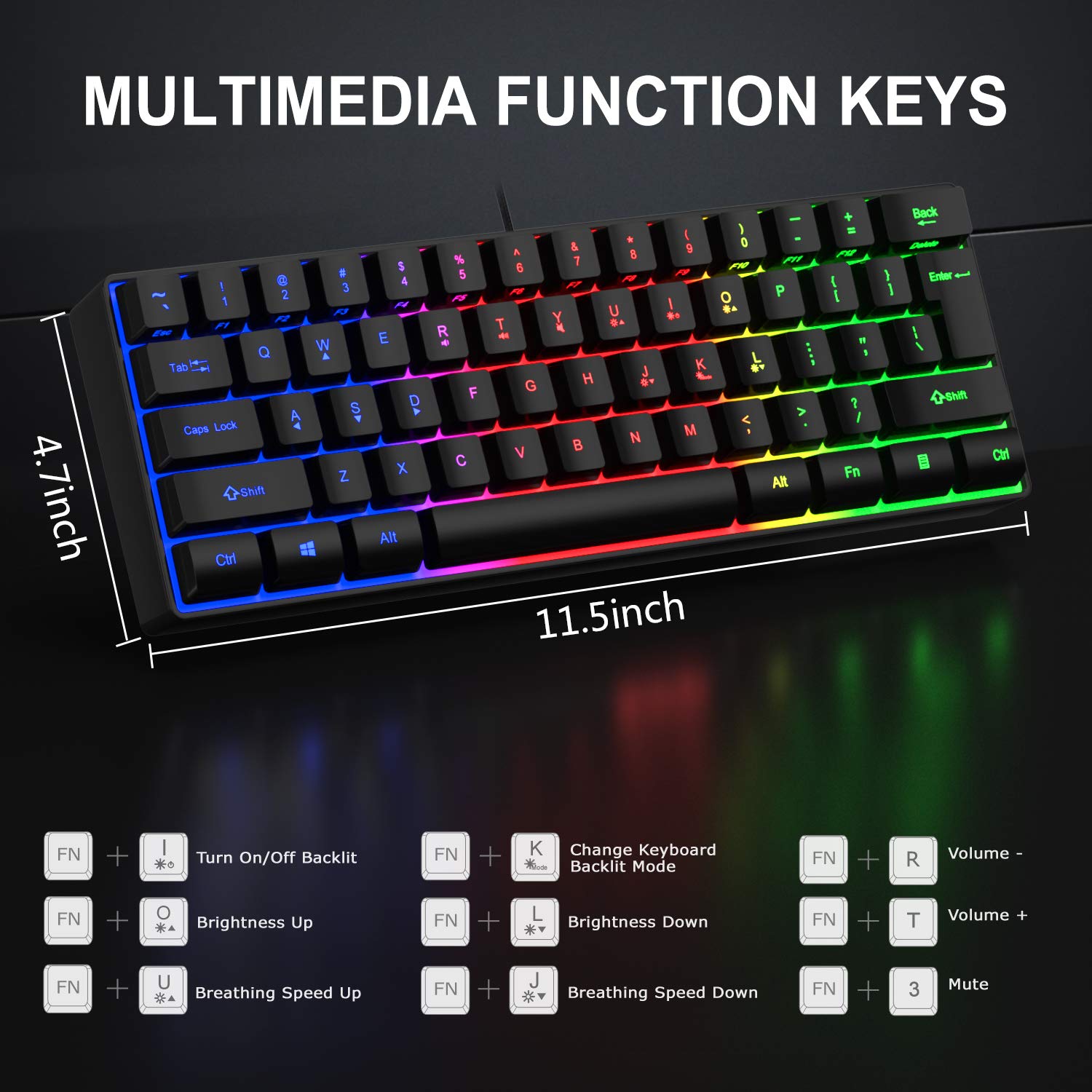 MFTEK 60% Gaming Keyboard and Mouse Combo, Ultra Compact 61 Keys TKL Design Gaming Keyboard with RGB Rainbow Backlit, Illuminated Gaming Mouse, USB Wired Keyboard Mouse Set for Laptop PC PS4 Gamer