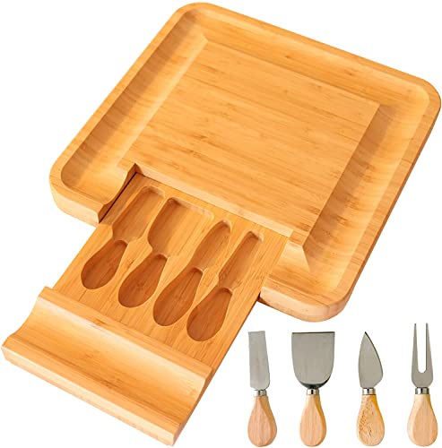 Organic Bamboo Cheese Charcuterie Cutting Board with Cutlery & Knife Set, Includes 4 Stainless Steel Serving Utensils, Wooden Serving Tray for Meat Platter, Fruit & Crackers