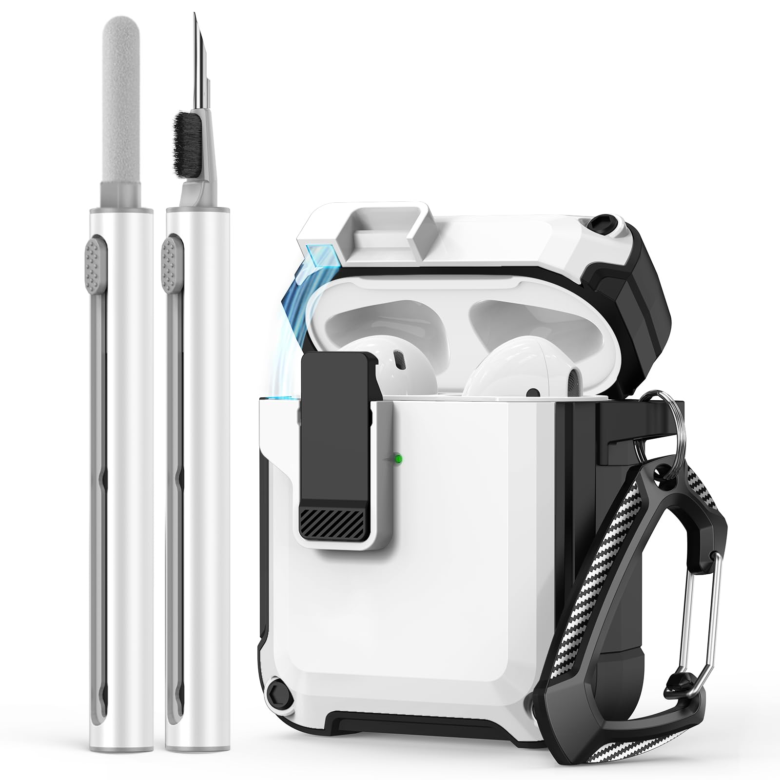 Polislime AirPods 2 Case Cover, with Cleaner kit & Wrist Lanyard, Secure Lock Clip Protection,Automatic Snap Switch Design Case for Apple Airpod Case 2nd &1st Generation-White