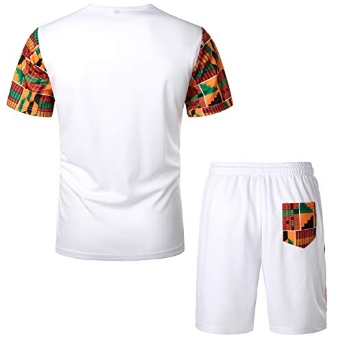 LucMatton Men's Summer 2 Piece African Pattern Printed T-Shirt and Shorts Set Sports Mesh Tracksuit Dashiki Outfits White Large