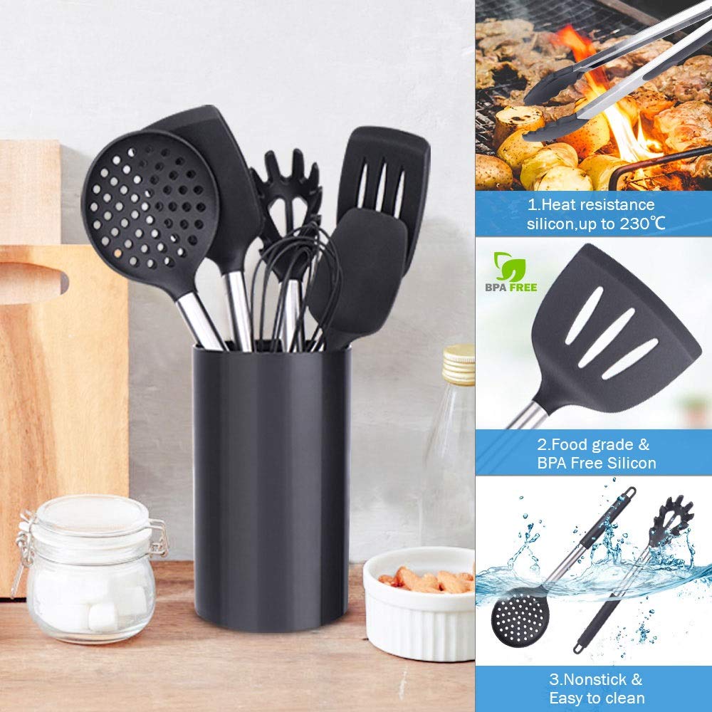 LMMDP 15 PCS Silicone Kitchen Cooking Utensil Set Non-stick Stainless Steel Handle Kitchenware Cookware Tools Set Spatula Shovel Spoon (Color : D)