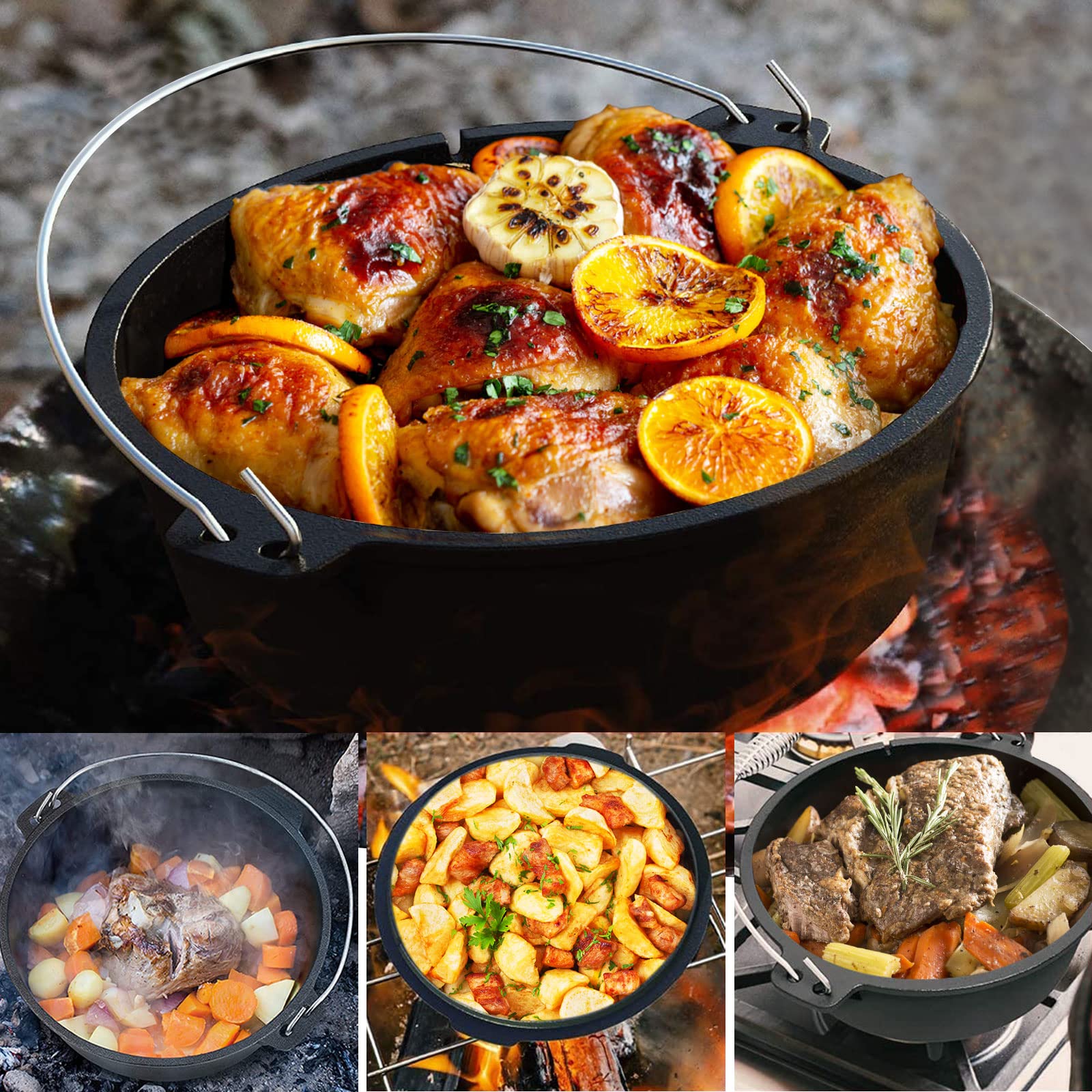 SHYIS Camping Dutch Oven,9 Qt Pre-Seasoned Camping Cookware Pot With Lid - Lid Lifter,Cast Iron Deep Pot with Metal Handle for Camping Cooking BBQ Baking Campfire Modern Black